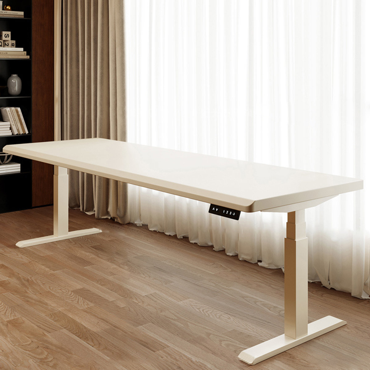 Inbox Zero All-solid wood white electric height-adjustable desk, smart ...