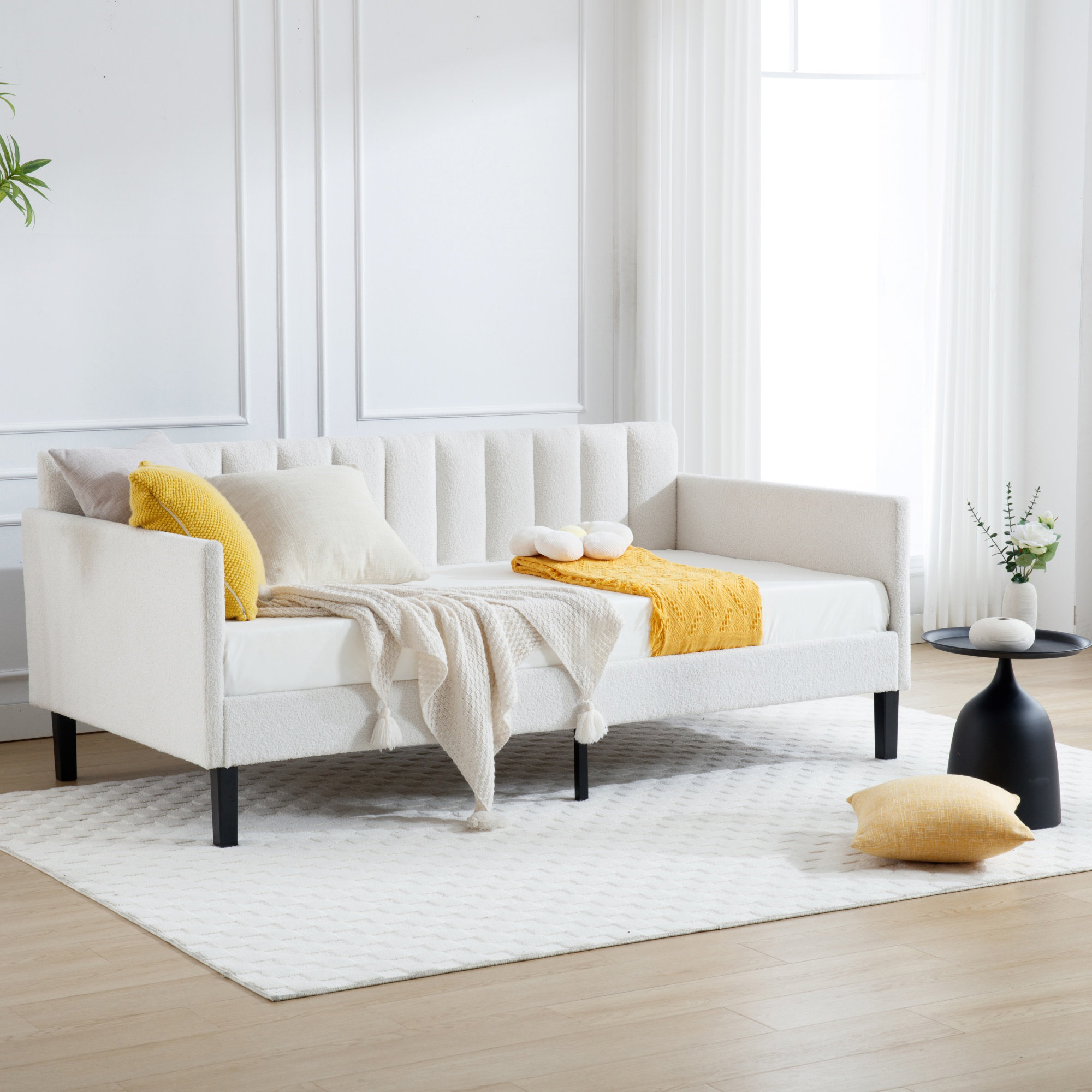 Latitude Run® Elena Twin Size Ivory Boucle Upholstered Daybed, Ribbed ...