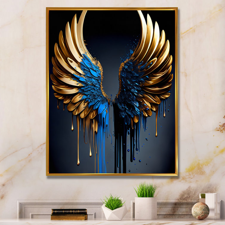 DesignArt " Blue And Gold Angel Wings III " on Canvas & Reviews | Wayfair