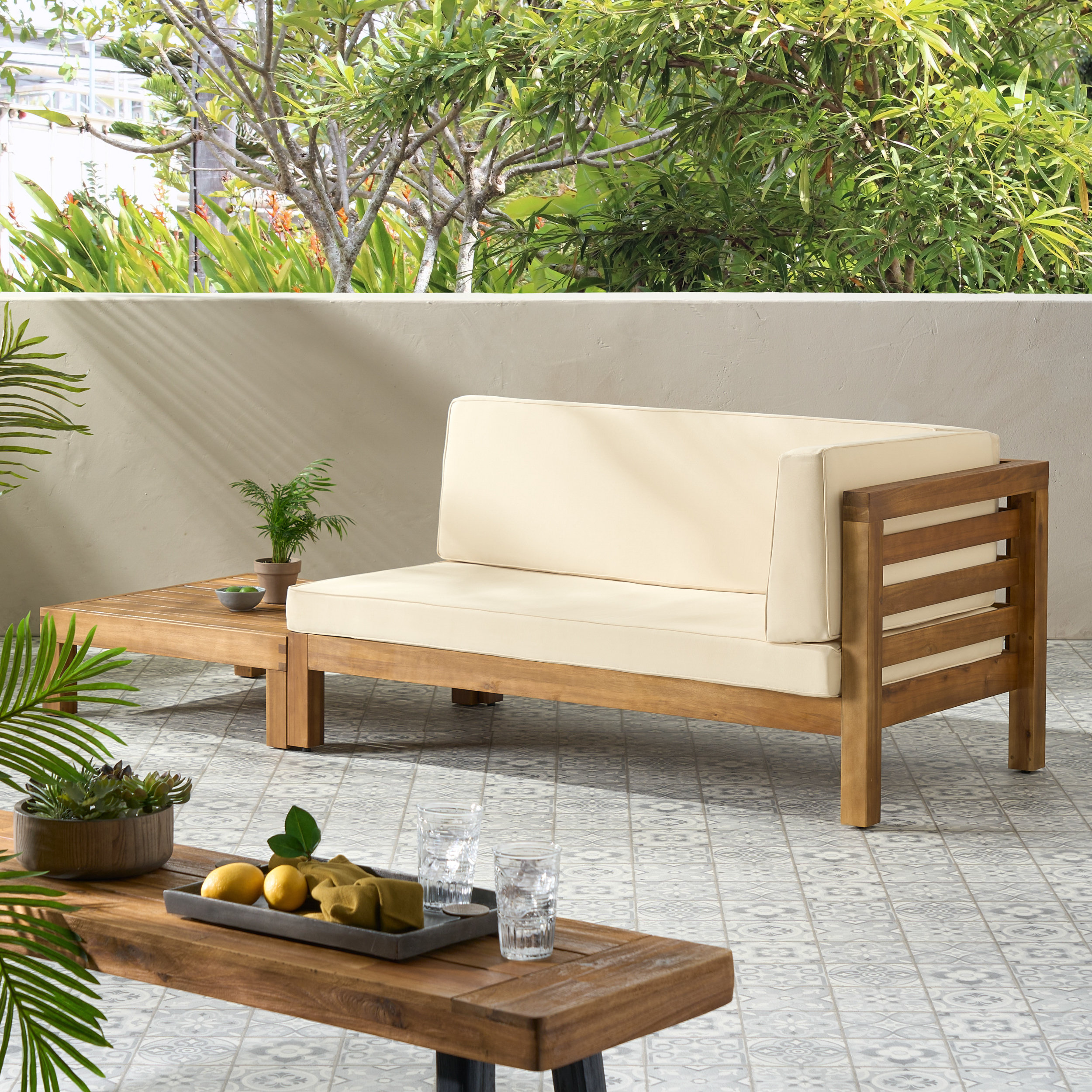 Ebern Designs Hanoi Outdoor Acacia Wood Right Arm Loveseat And Coffee ...
