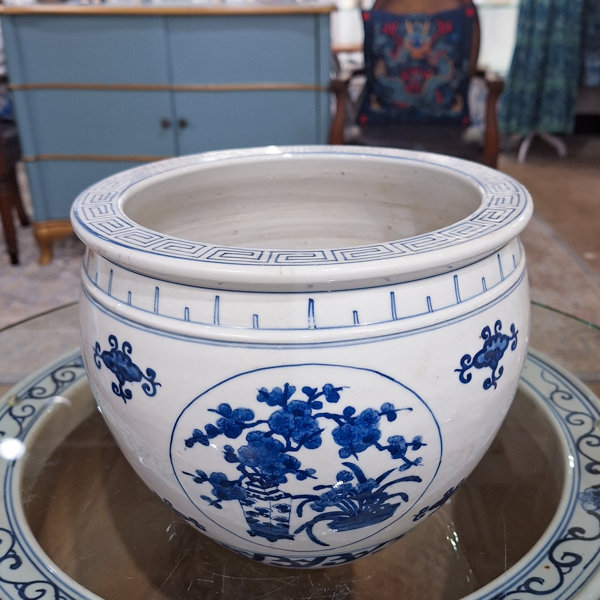 Danny's Fine Porcelain White/Blue Garden Scene Basin Pot Planter | Perigold