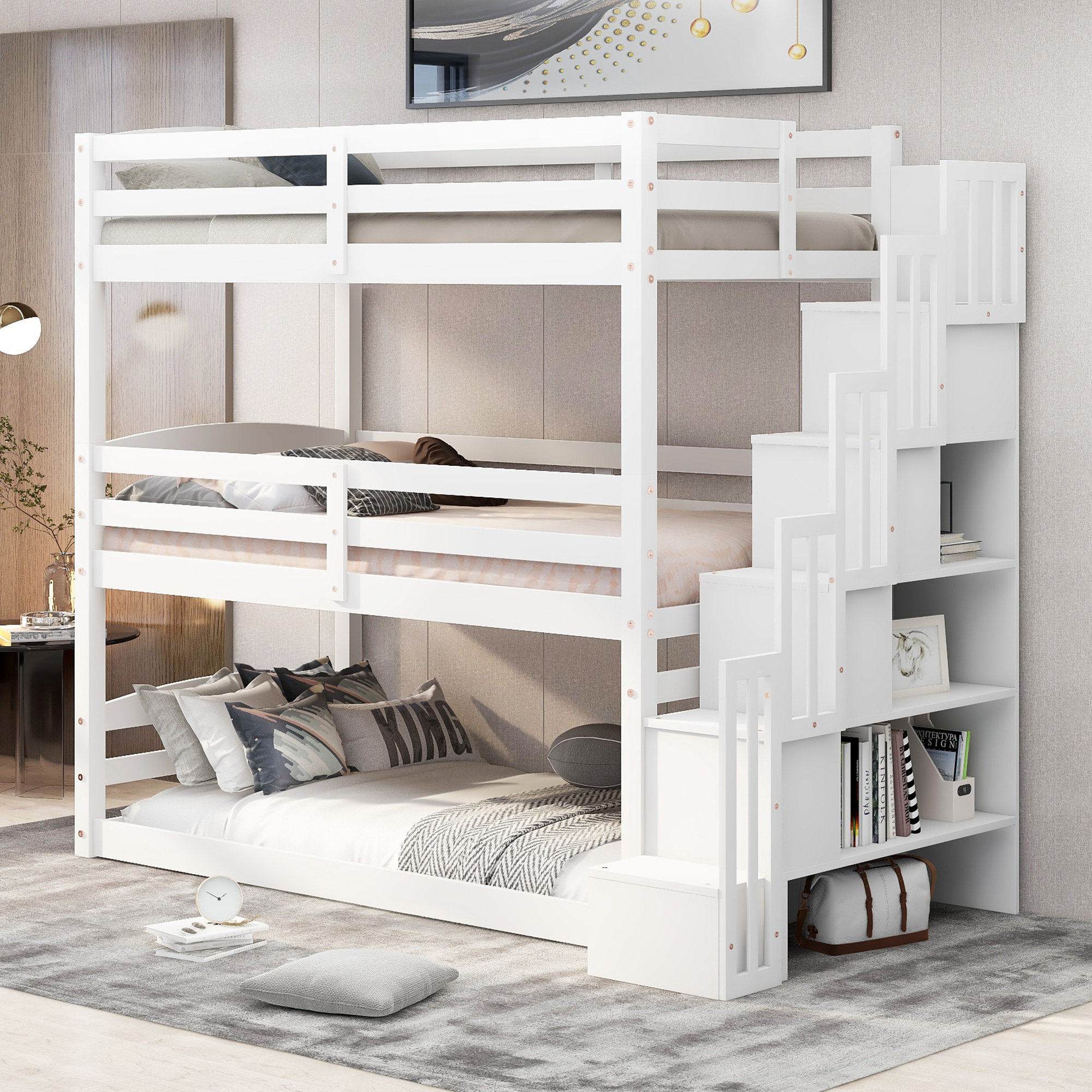Harriet Bee Evannah Twin Over Twin Over Twin Triple Bunk Bed with ...