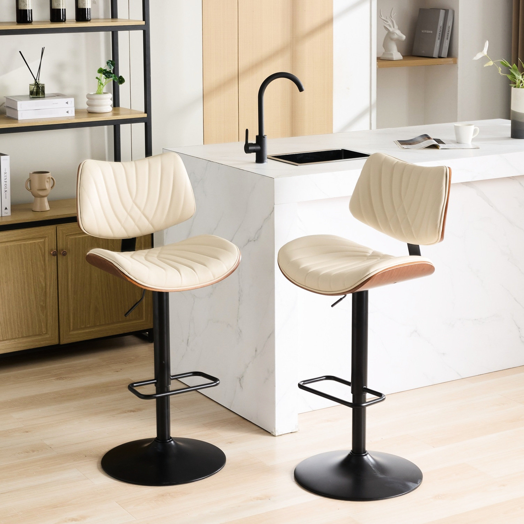 George Oliver Mid Century Modern Kitchen Island Bar Chairs, Walnut With ...