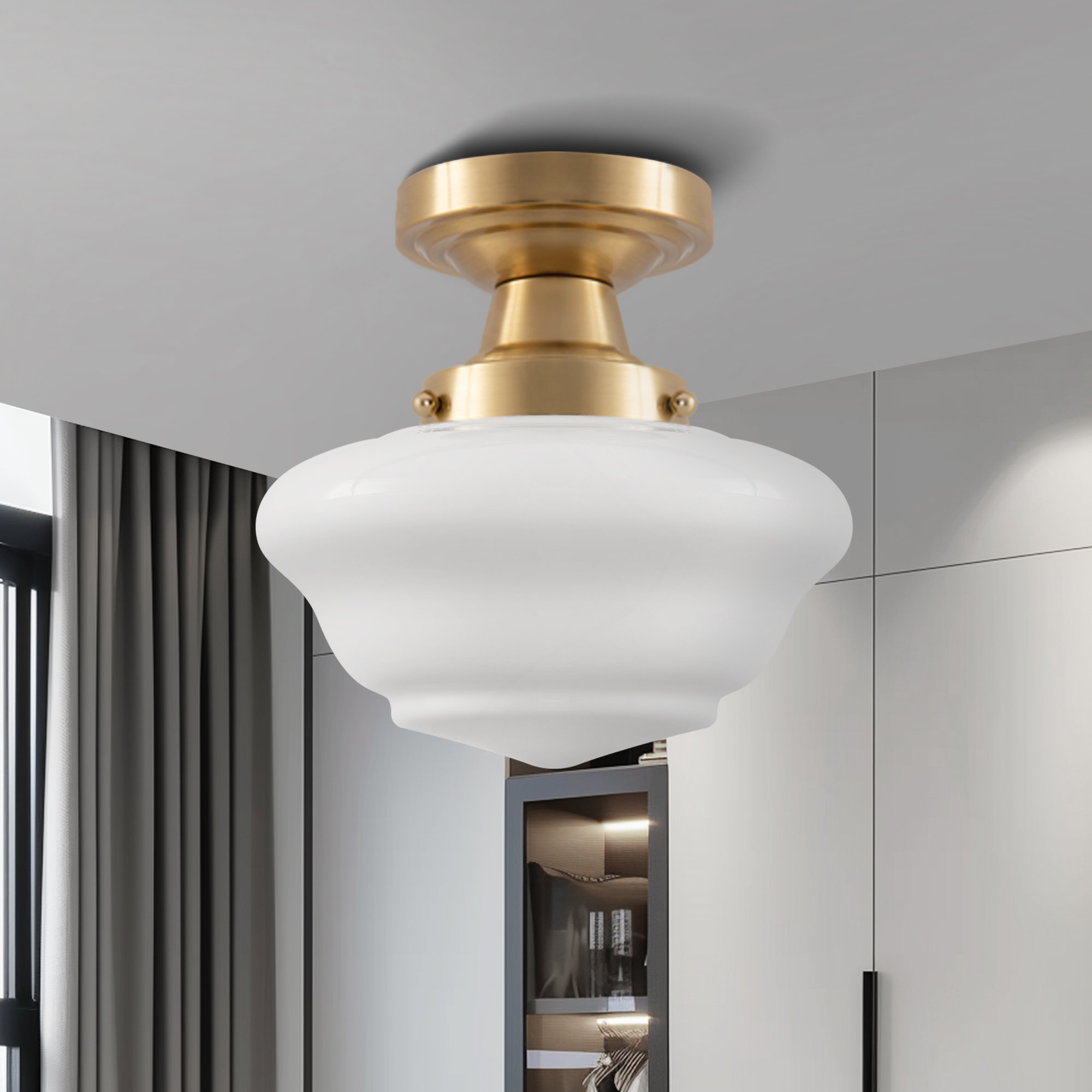 Mercer41 Modern White Glass Semi-Flush Mount Ceiling Light With Gold ...