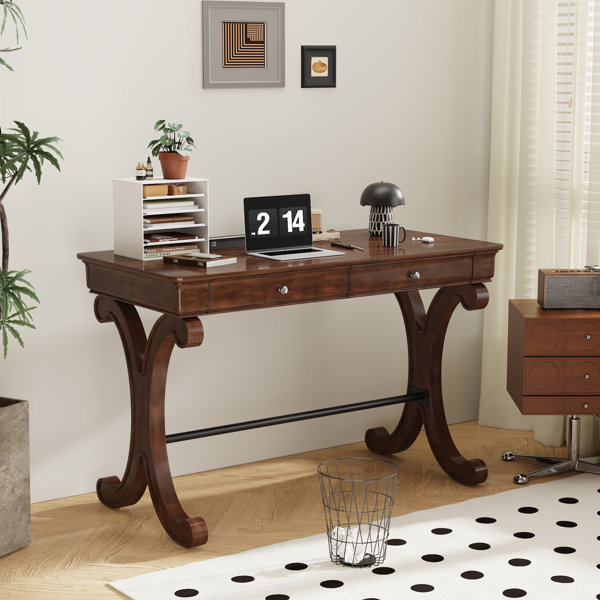 Alcott Hill® Cherry Wood Writing Desk With Two Drawers And Cherry ...