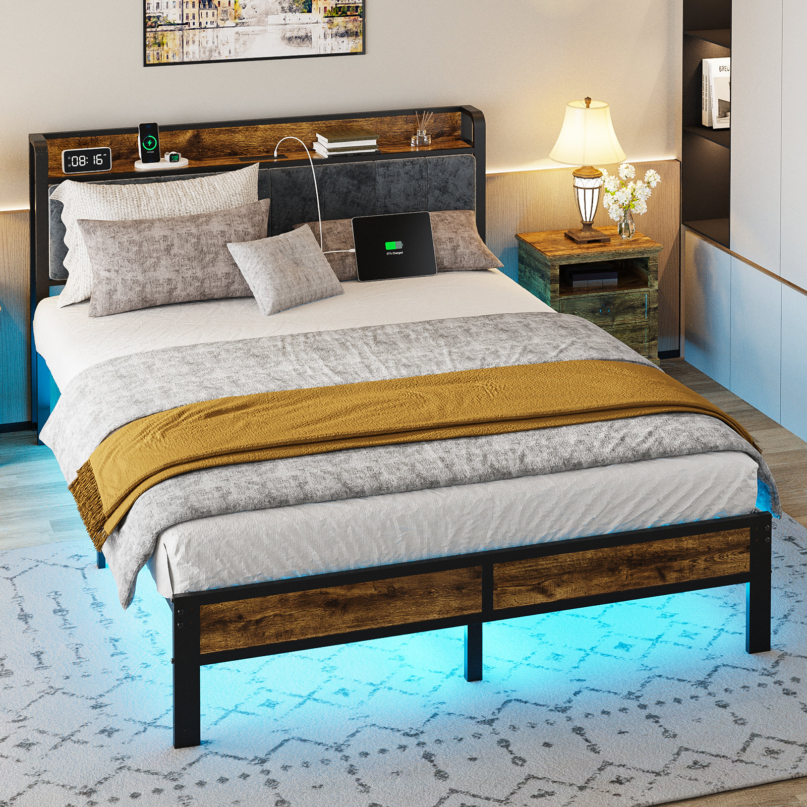 17 Stories Kenessa Upholstered Bed with LED lights & Charging Station ...