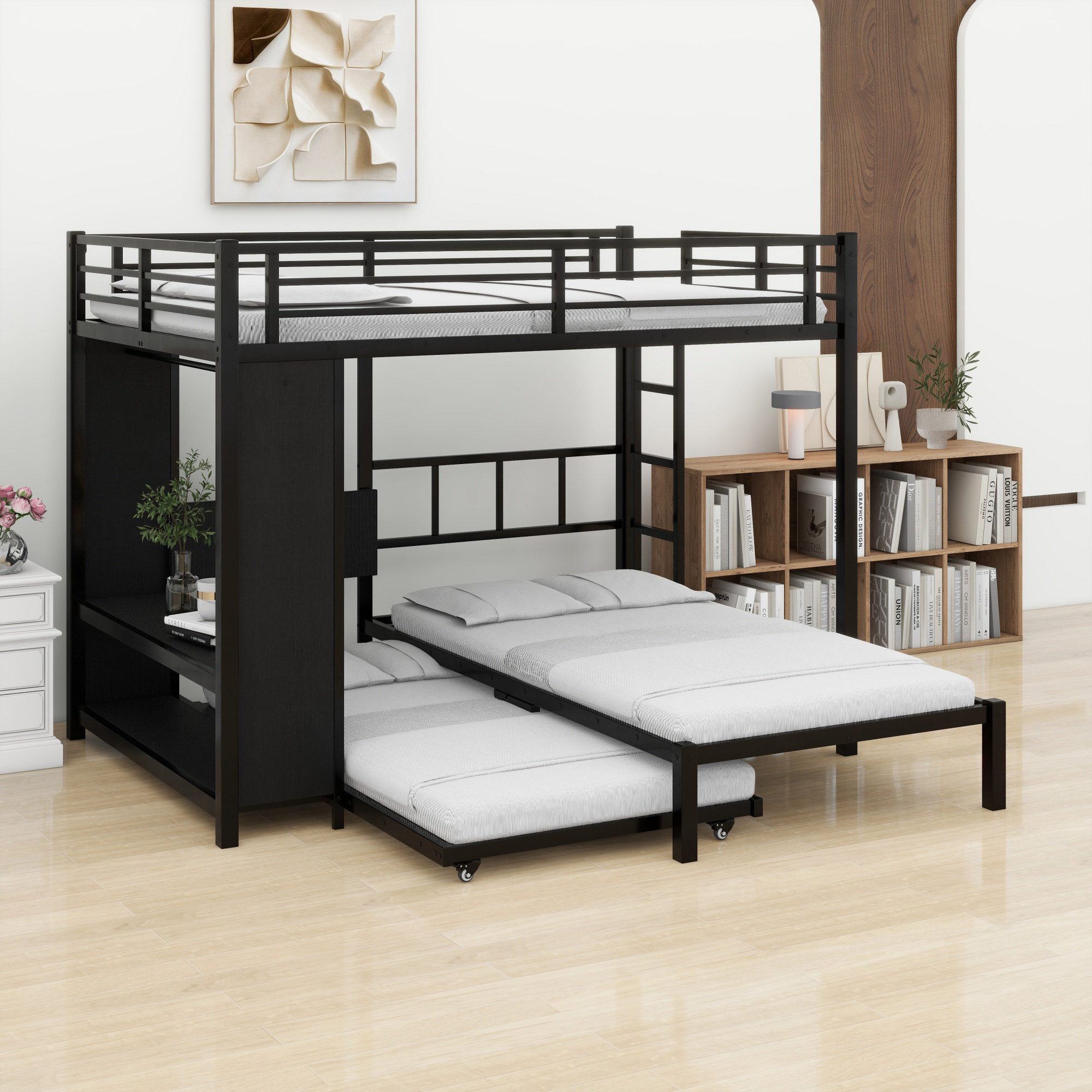 Ivy Bronx Bunk Bed With Built-In Wardrobe,Trundle And Foldable Desk ...