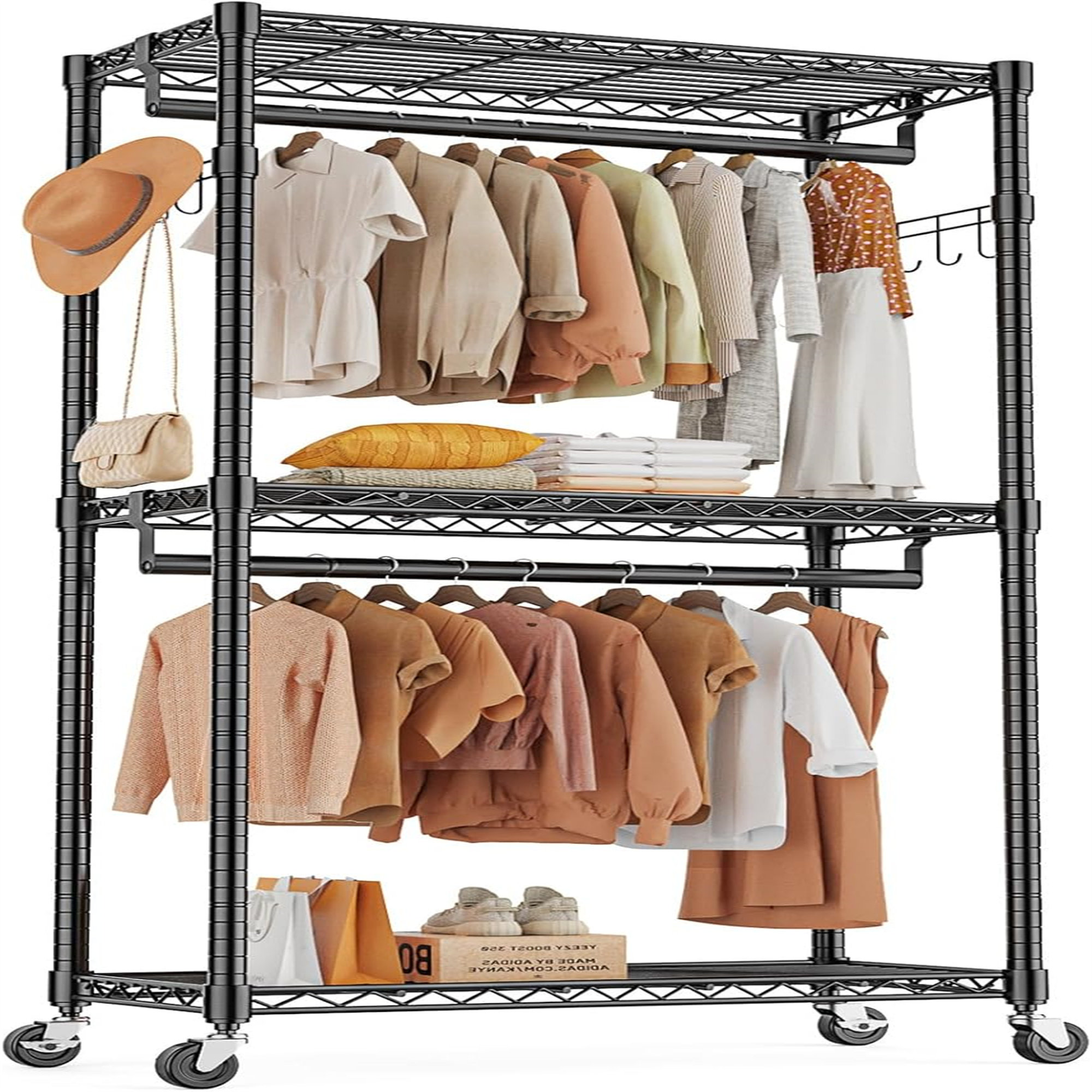 Rebrilliant Clothes Rack with Rollers, Rollable Metal Freestanding ...