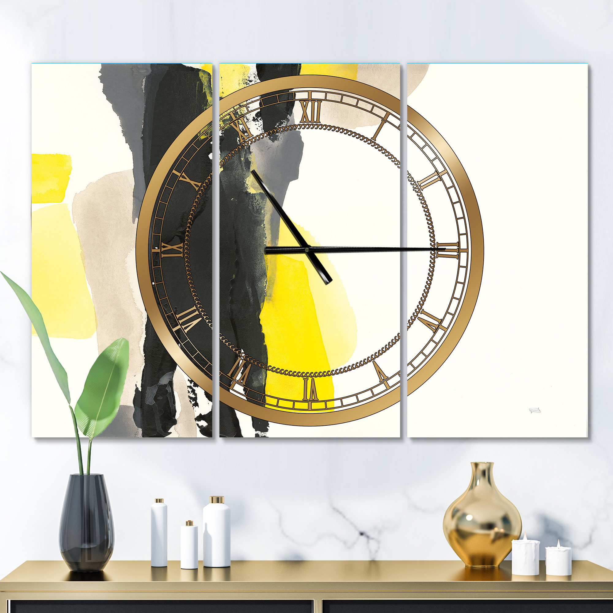 East Urban Home Glam Black and Yellow II - Modern wall clock | Wayfair
