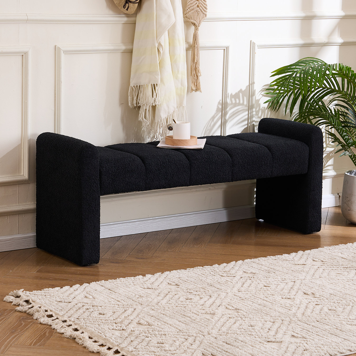 Wrought Studio™ Laytona 54" Boucle Upholstered Bench with Arm and ...