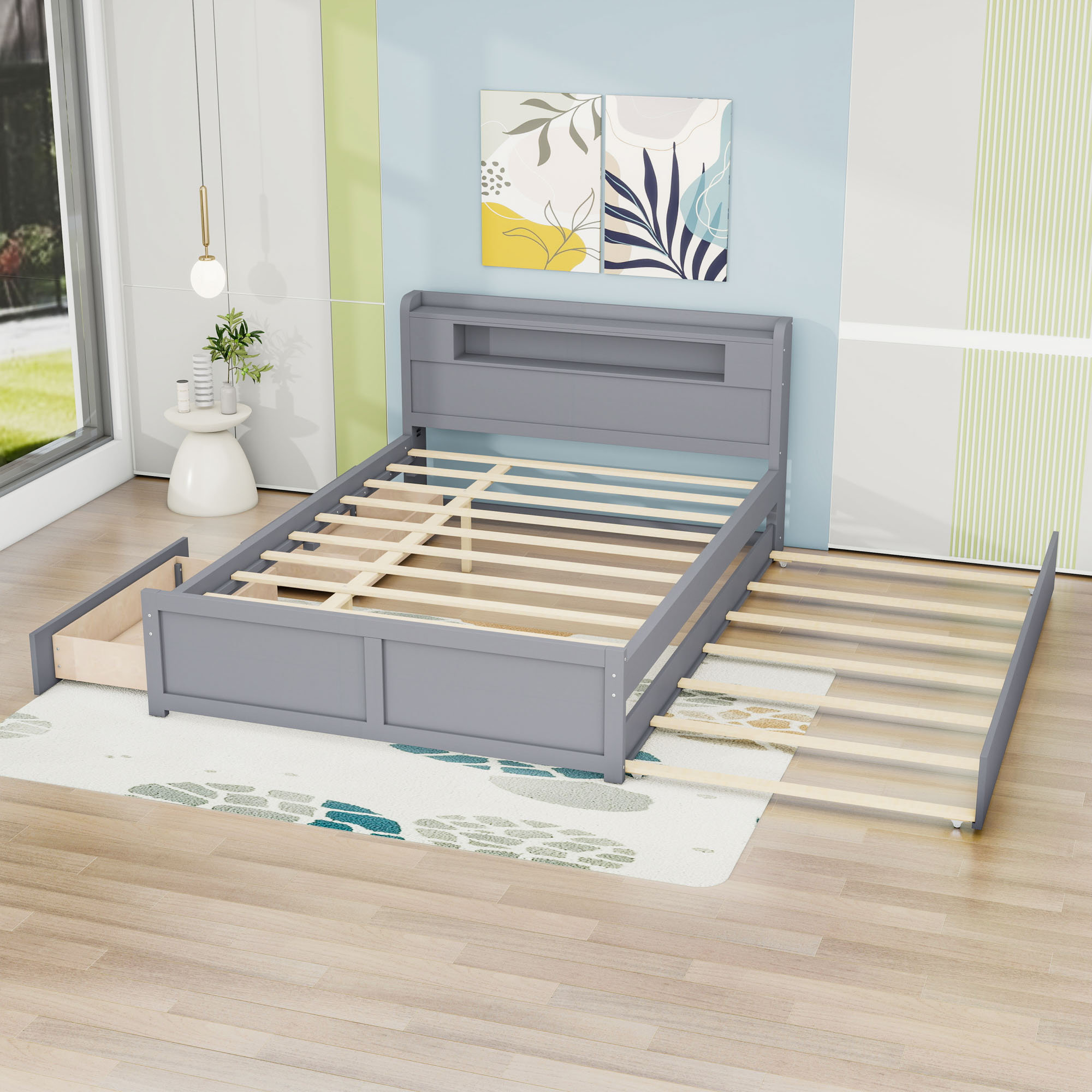 Lark Manor™ Queen Wood Platform Bed with LED, 2 Drawers and Trundle ...