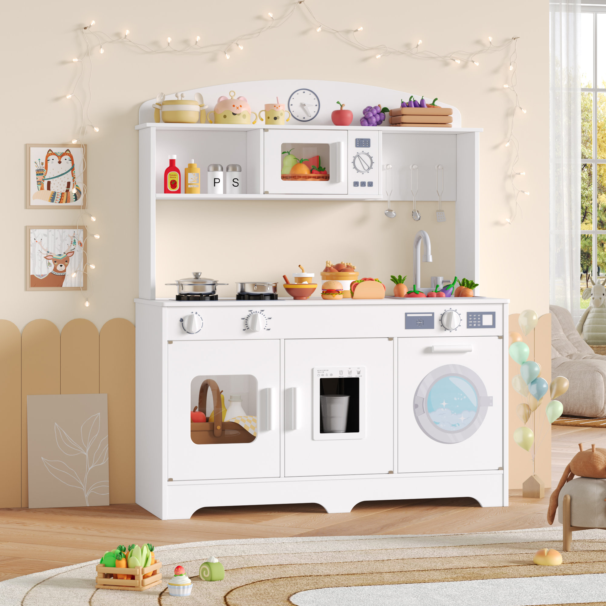 Ebern Designs 2-In-1 Wooden Kids Bookcase & Play Kitchen - Convertible ...