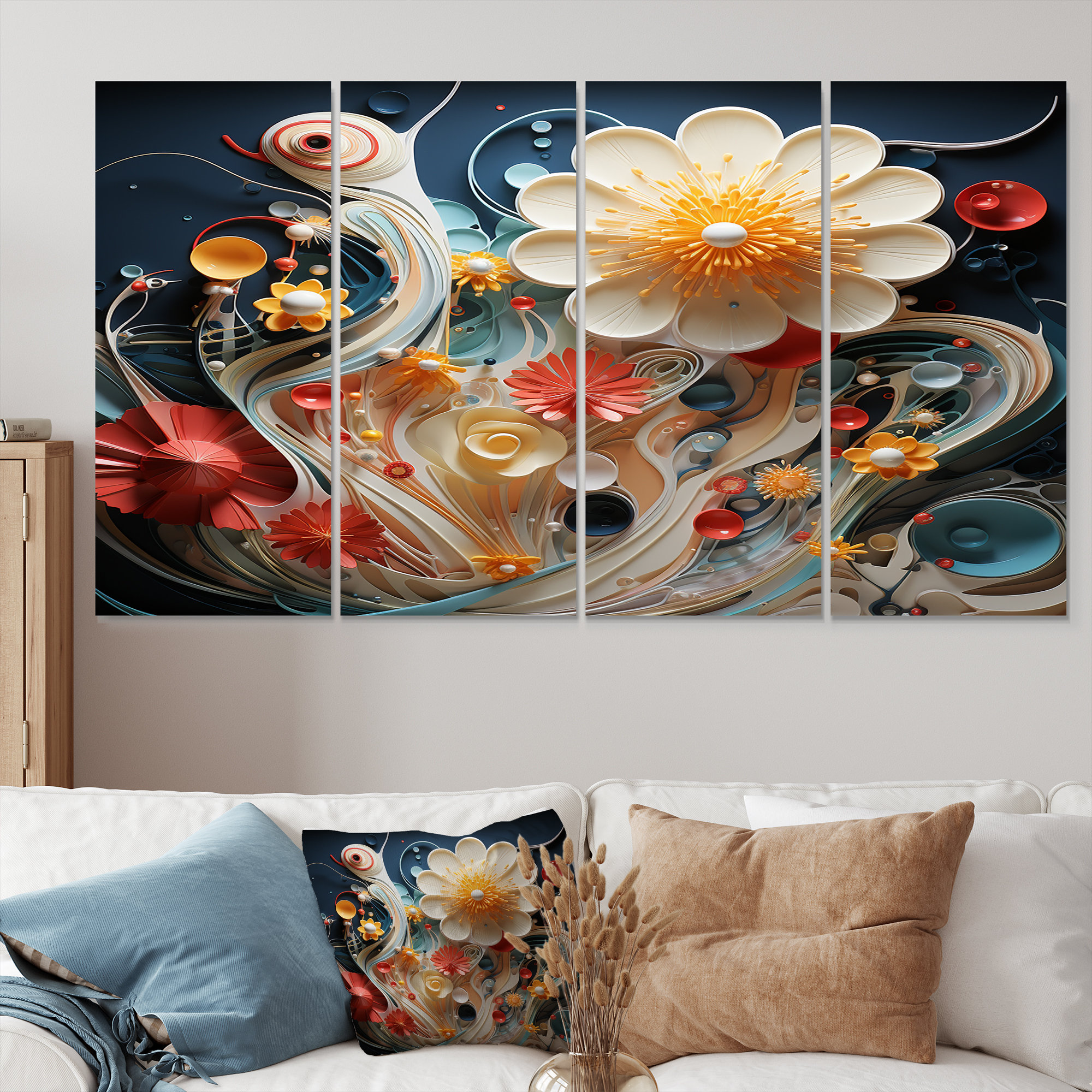 Design Art Blooming White Abstract Flower - Modern Floral Wall Art For ...