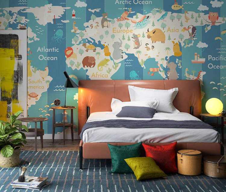 GK Wall Design Colourful World Map Cute Animals Removable Wallpaper ...