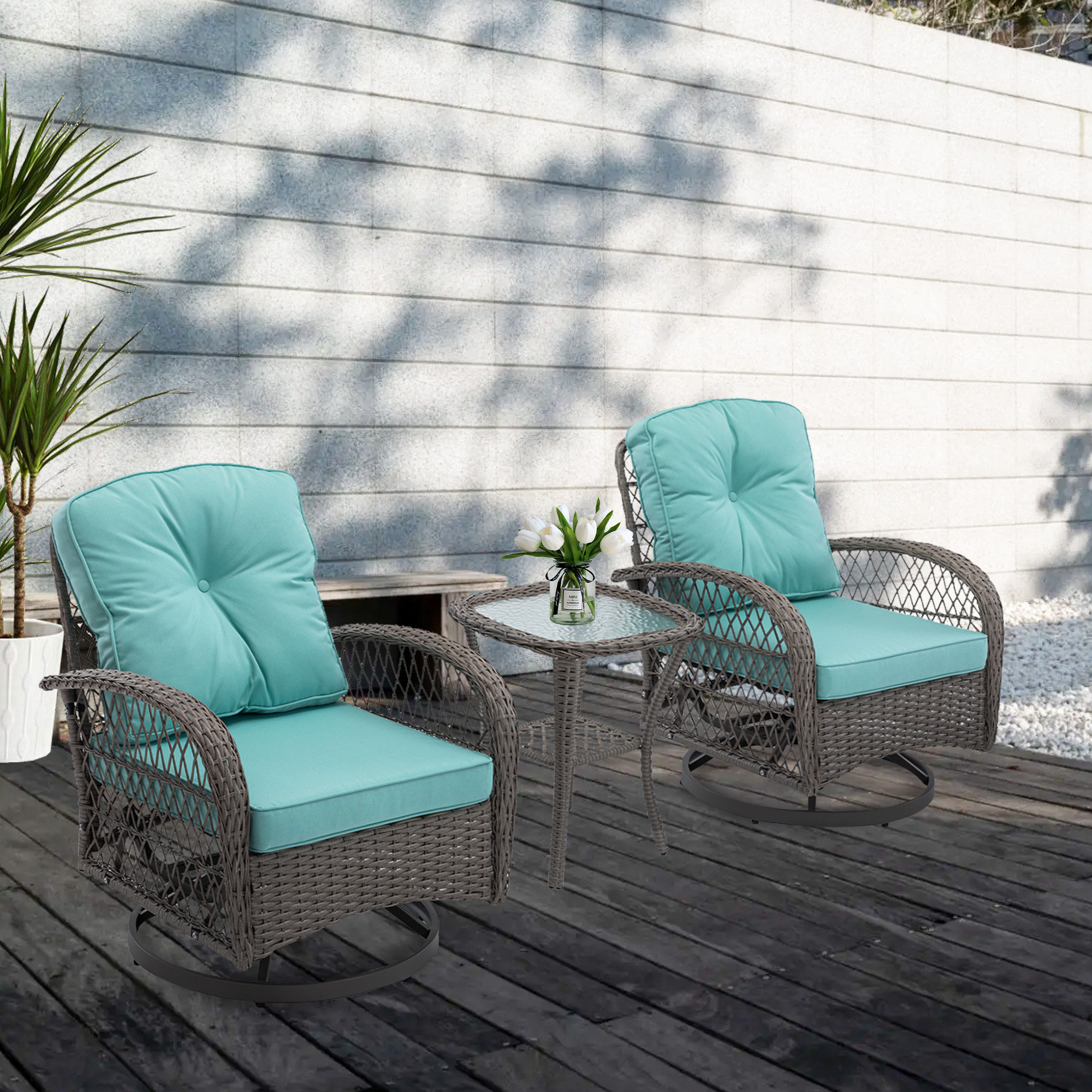 Red Barrel Studio 3-Piece Swivel Rocker Patio Chair Set With Plush Cushions And Glass Coffee ...