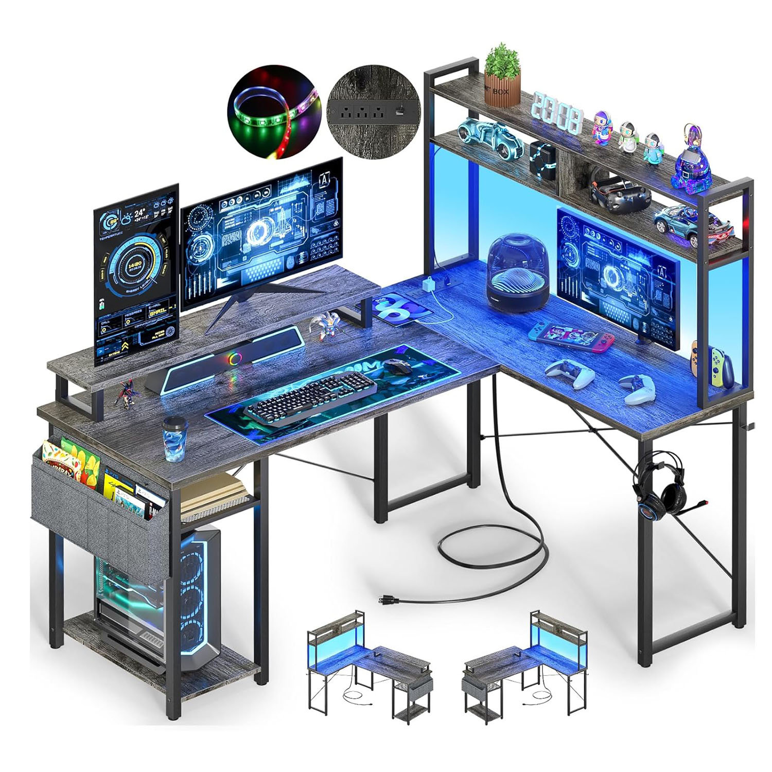 Inbox Zero L Shaped Gaming Desk With Power Outlets, 48" Reversible L ...