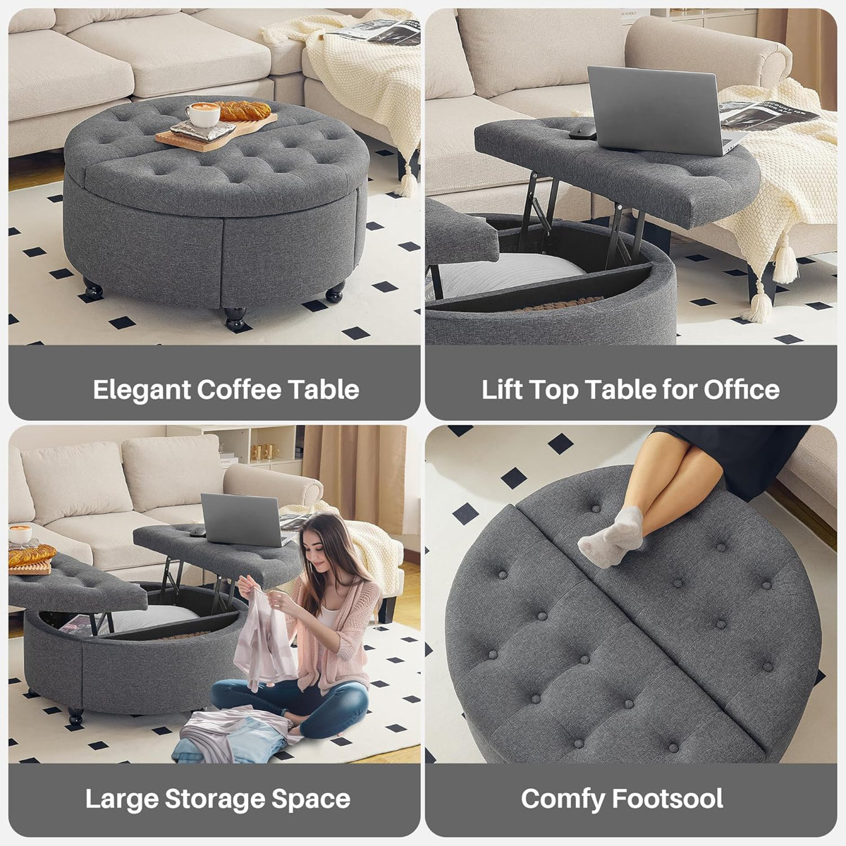 Lark Manor™ 35" Wide Round Ottoman With Storage, Round Storage Ottoman ...