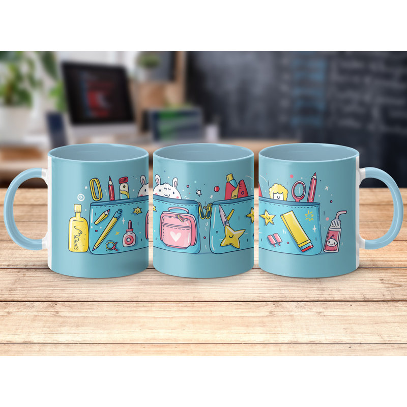 East Urban Home Set of 3 Kids Drawing Style 11oz Accent Mugs – White ...