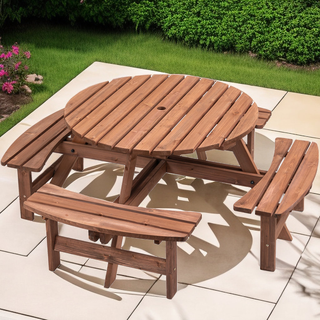 Wildon Home® Majoros 8-Person Circular Outdoor Wooden Picnic Table with ...