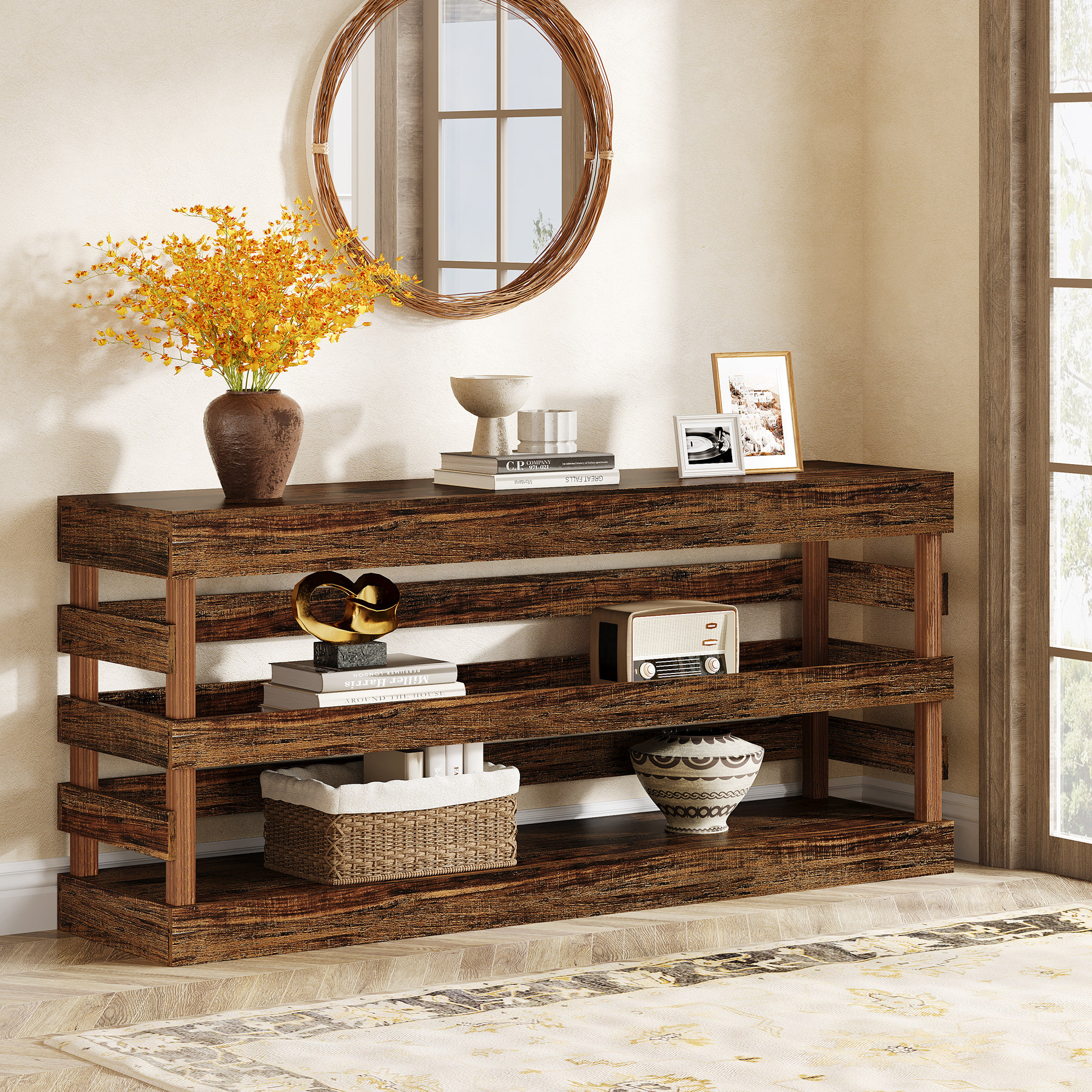 Millwood Pines 70.9-Inch Extra Long Console Table, Farmhouse Entryway Table with 3-Tier Shelf ...