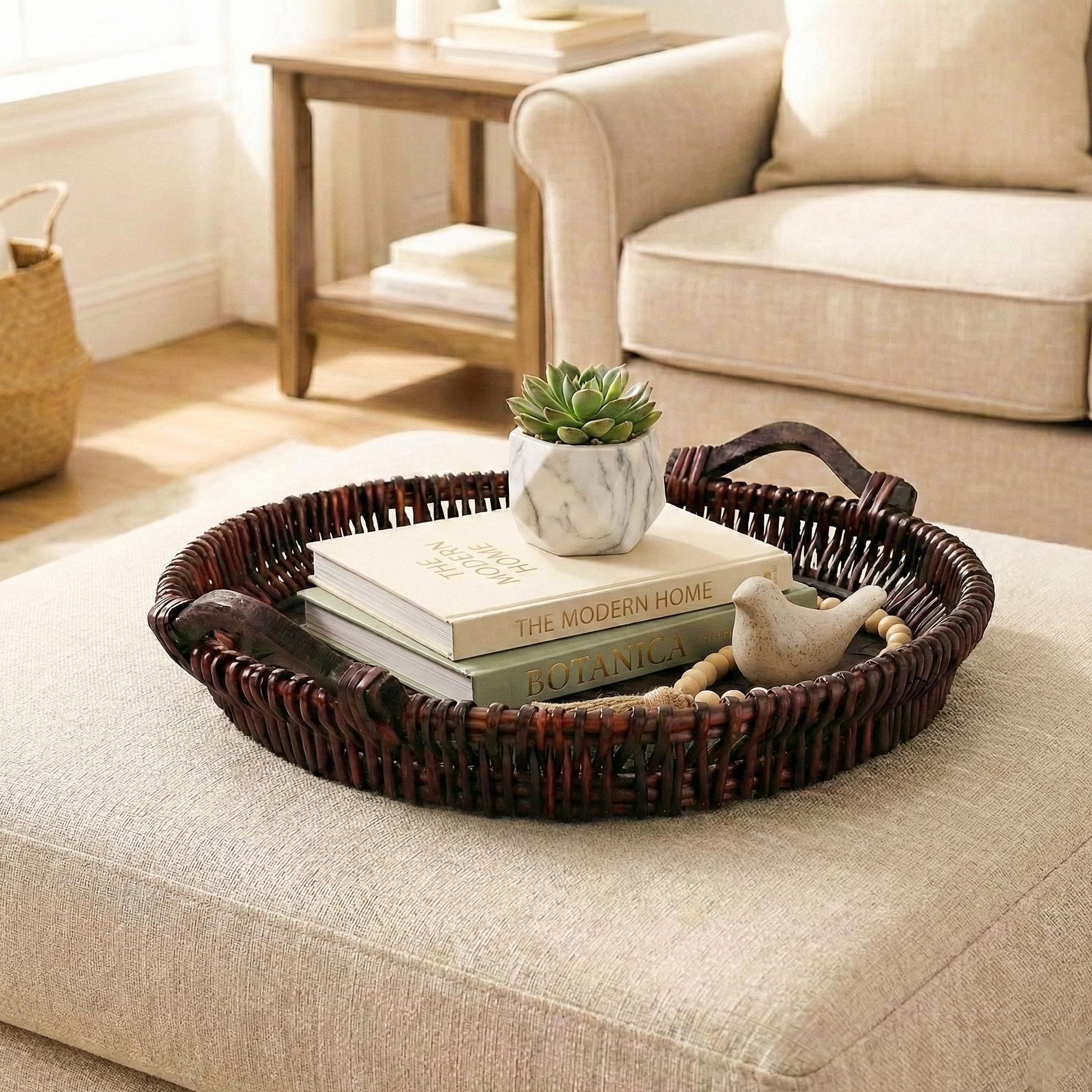 Bay Isle Home™ Handwoven Willow Round Serving Tray with Wooden Base and ...