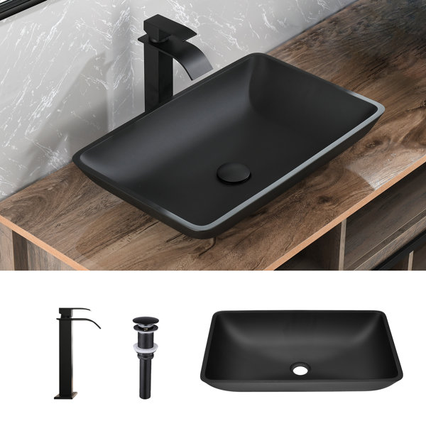 Interbath 14'' Glass Rectangular Vessel Bathroom Sink with Faucet | Wayfair