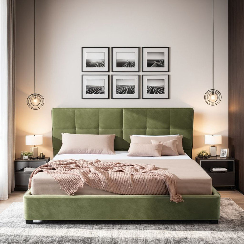 Lark Manor Luxury Plush Velvet King Headboard Bed, Olive Green ...