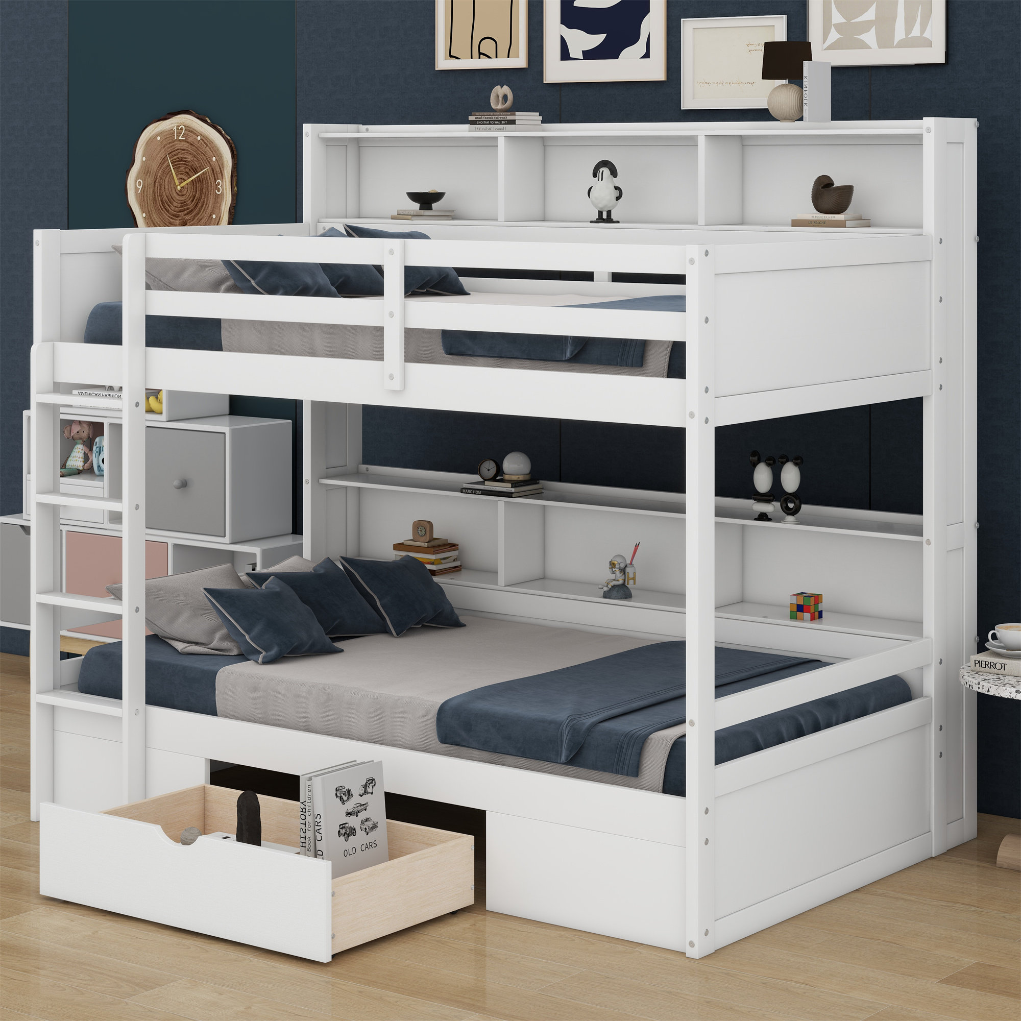 Harriet Bee Bunk Bed With Built-In Shelves Beside Both Upper And Down ...
