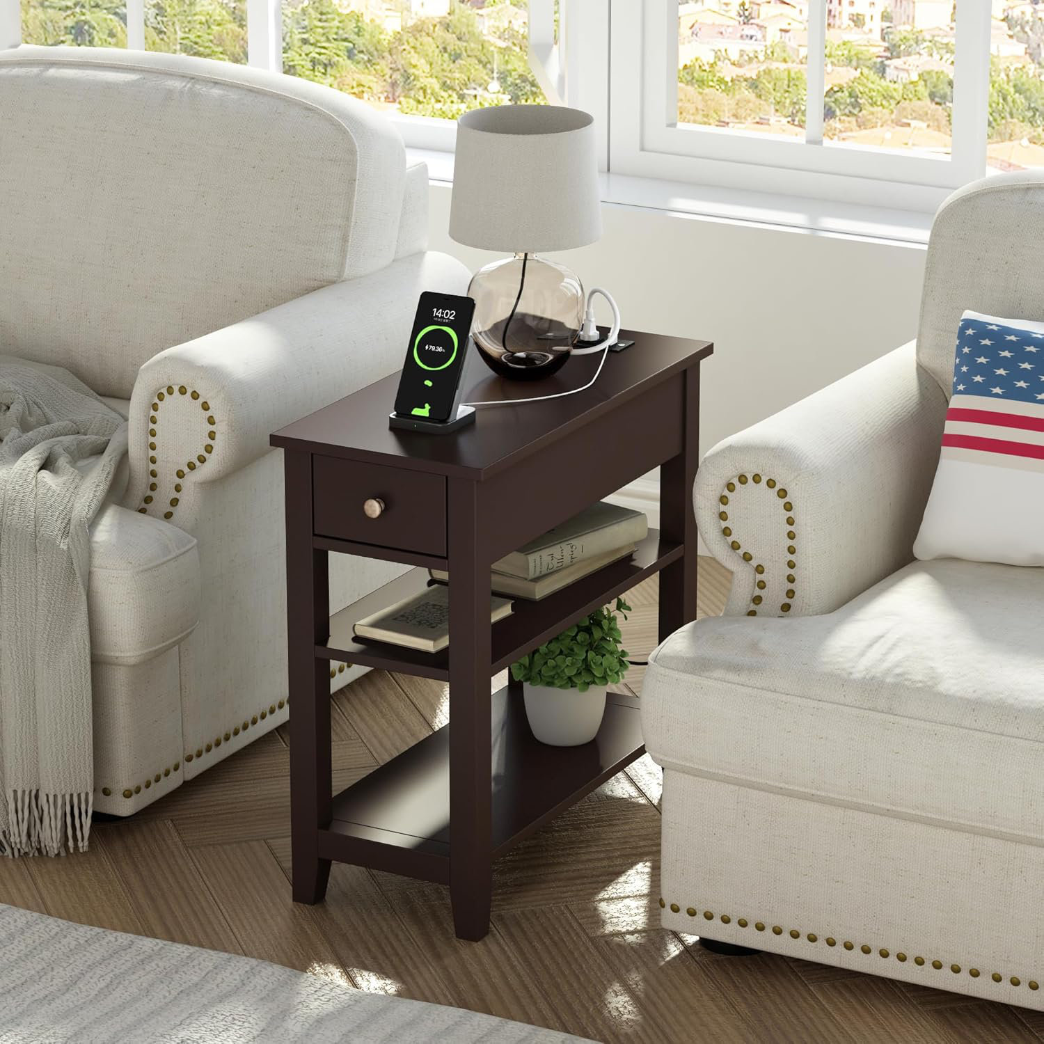 Hokku Designs Espresso Narrow End Table Set Of 2 With USB Charging ...