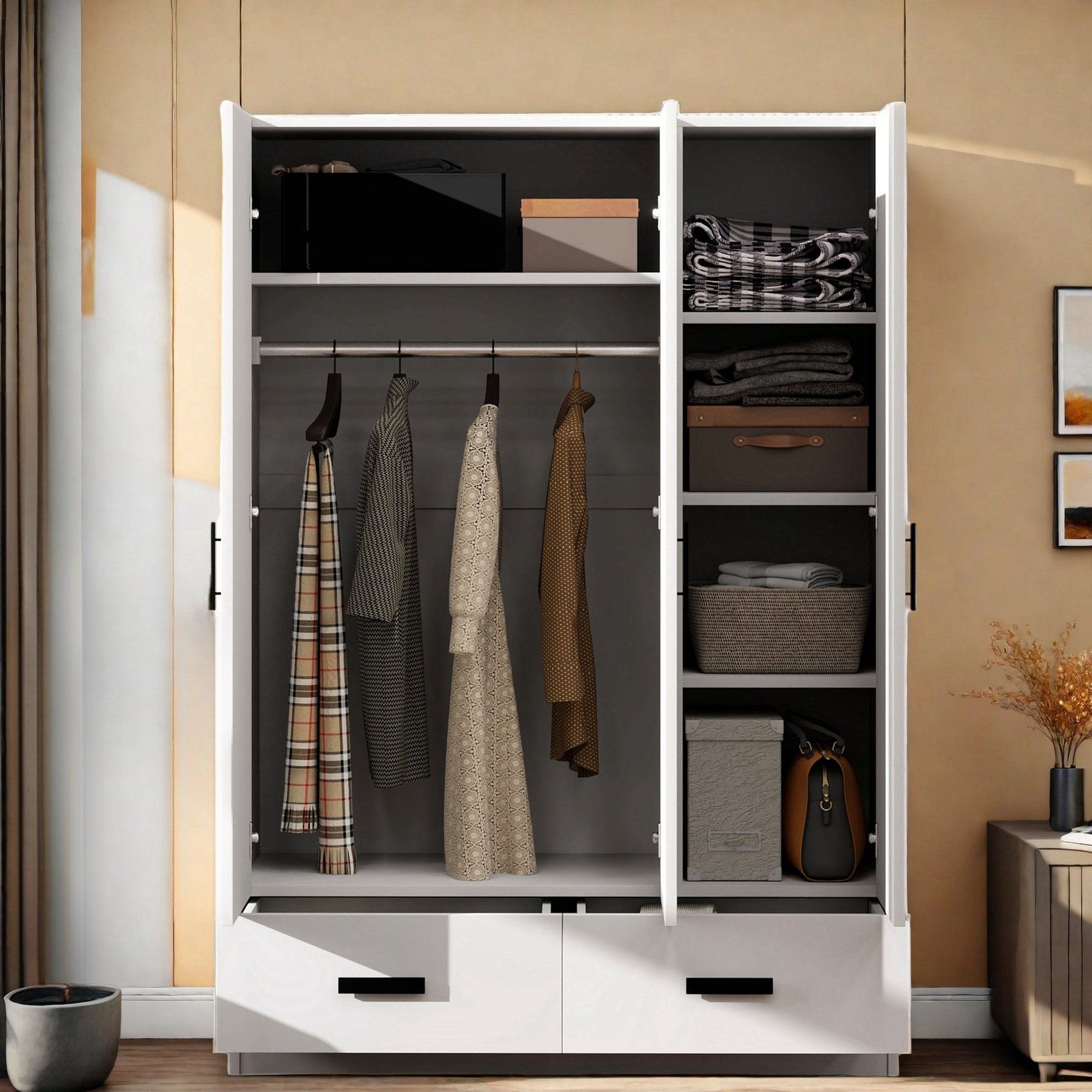 Latitude Run® Roswell Wardrobe Closet With 2 Drawers, Shelves And A ...