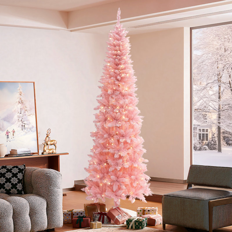 The Holiday Aisle® 7Ft Pre-Lit Pink Slim Tree with Metal Stand ...