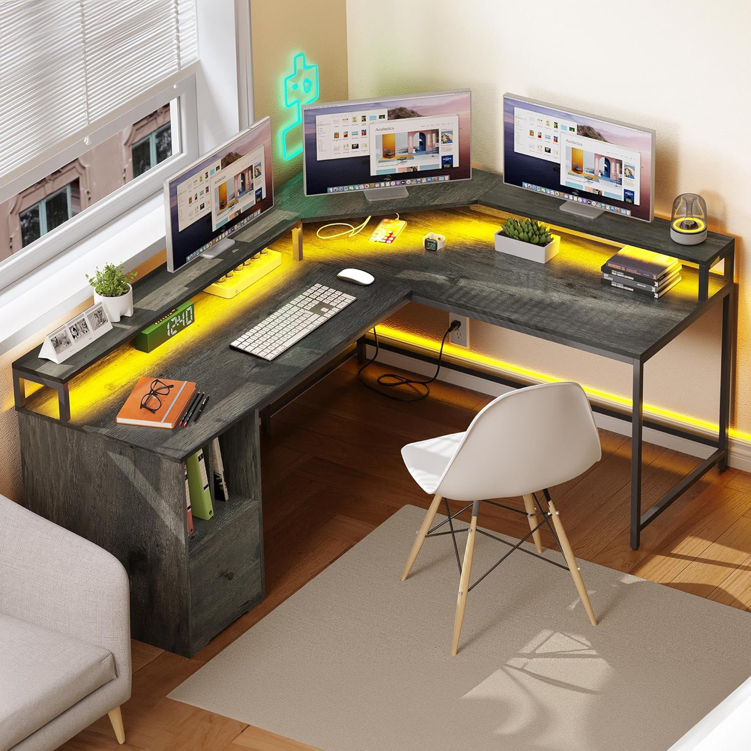 Latitude Run® L Shaped Desk With Power Outlets & LED Lights, 67 ...