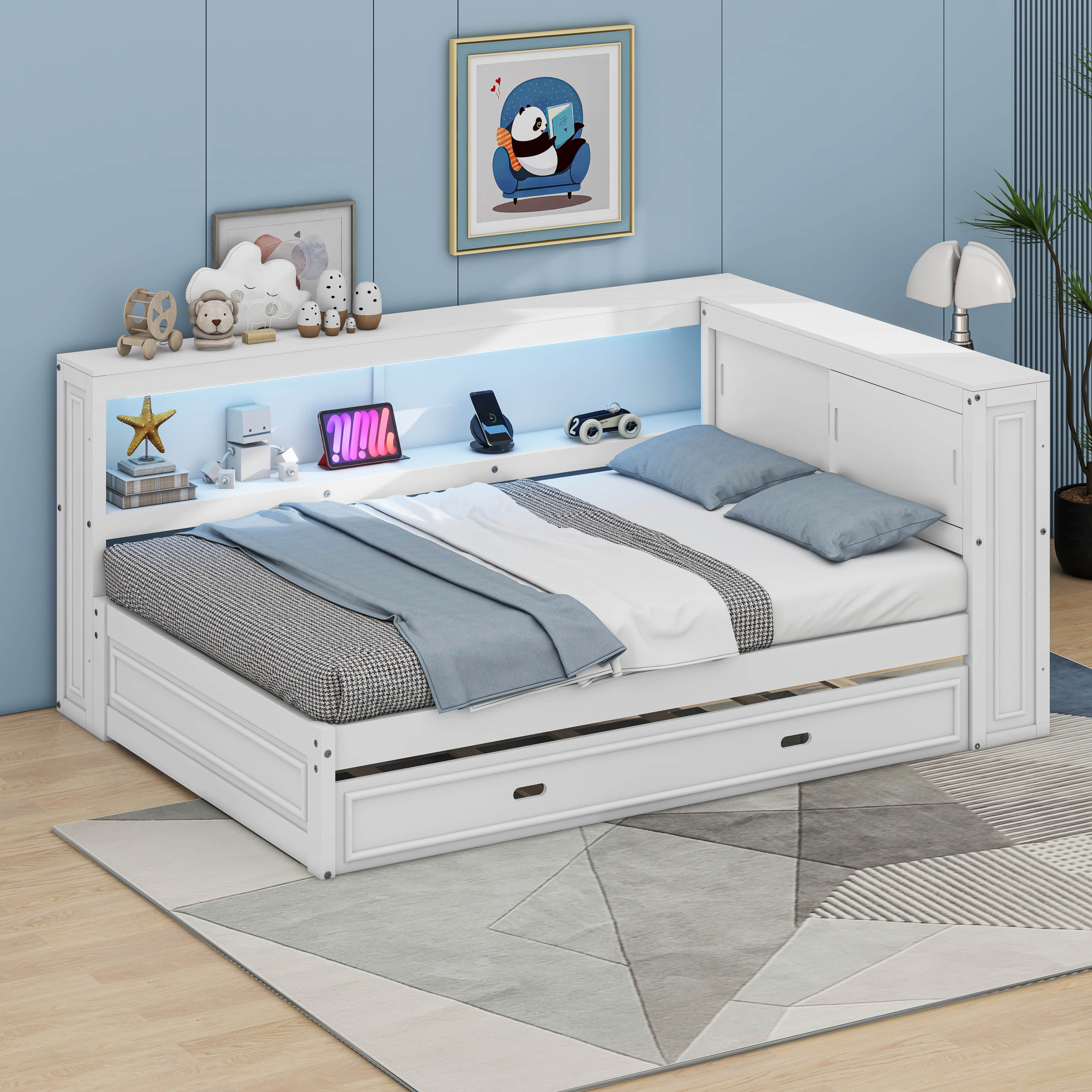 Cosmic Full Size Wood Daybed With Storage Shelves, USB, LED, And ...
