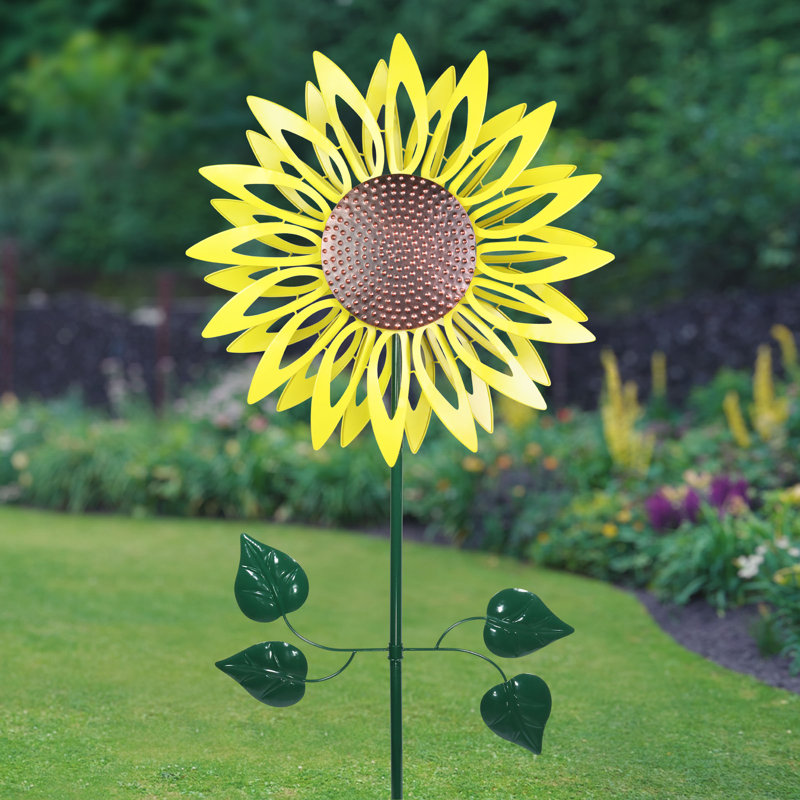 Exhart Giant Metal Kinetic Yellow Sunflower Dual Spinning Garden Stake ...