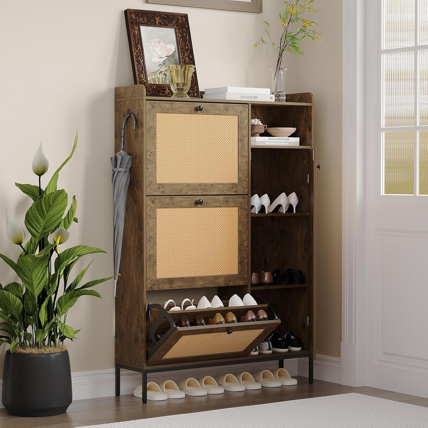Bay Isle Home™ Rattan Shoe Cabinet, 3 Tier Shoe Cabinet with Flip ...