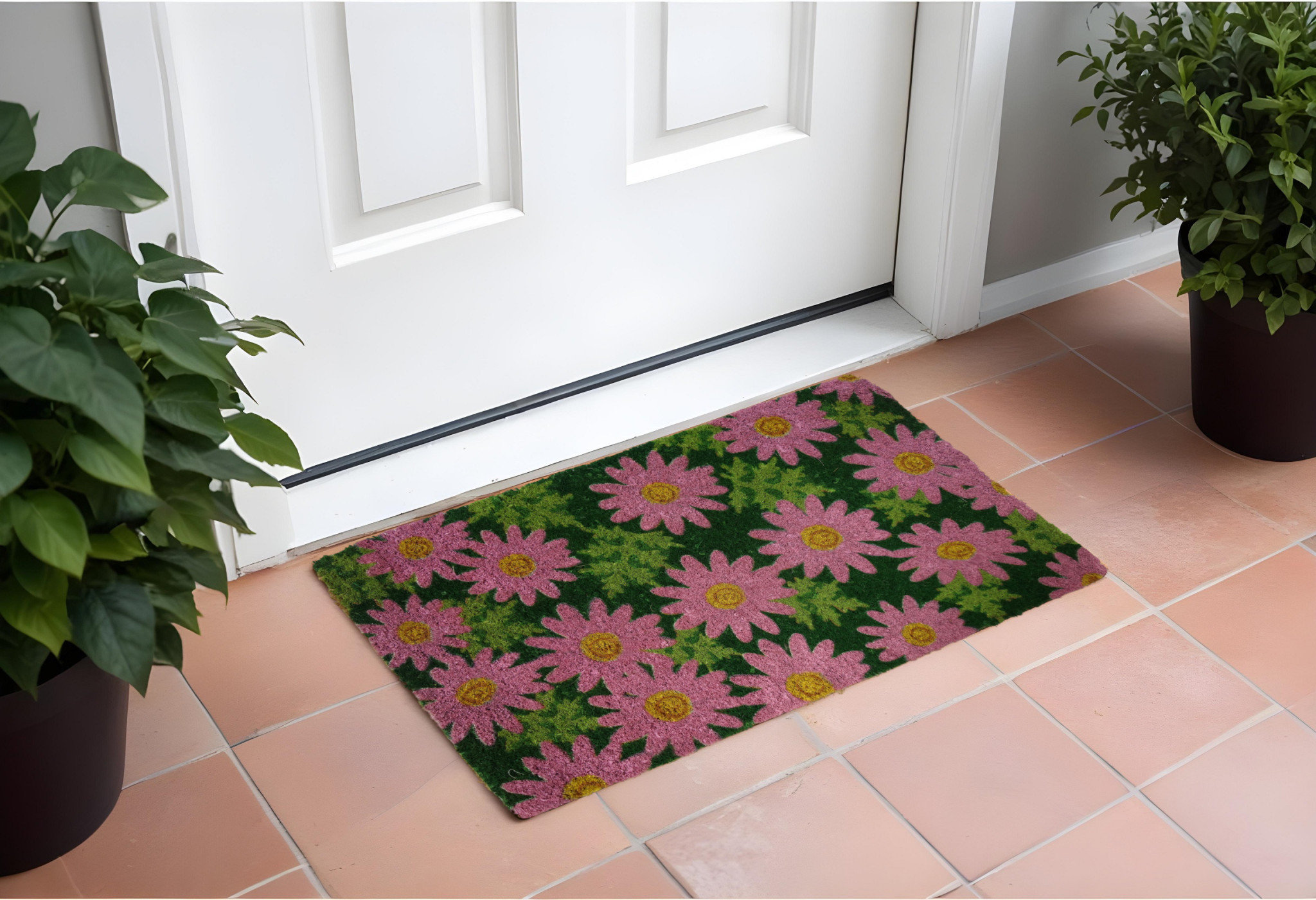 HomeRoots 18" X 30" Pink and Green Coir Floral Outdoor Spring Door Mat ...
