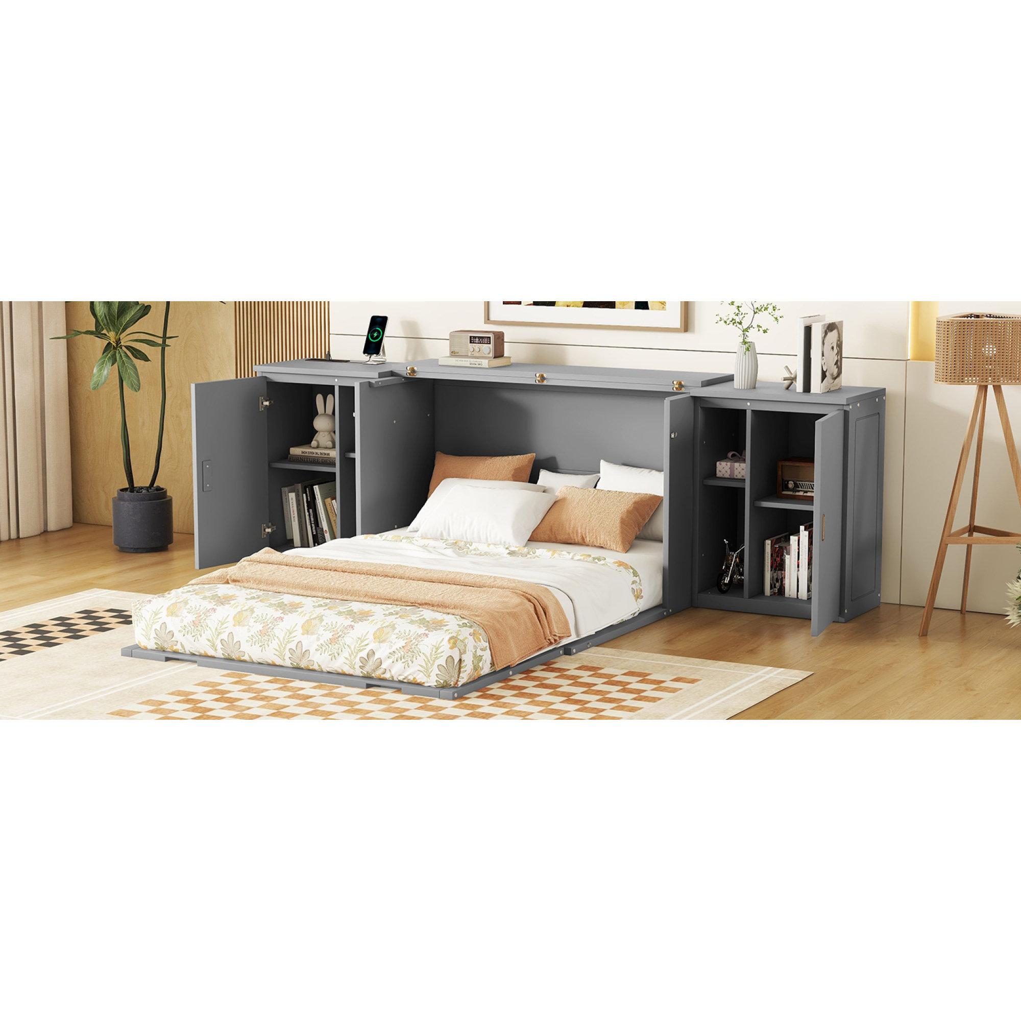 Costway Space-saving Full Murphy Bed With Usb Charging Ports Mdf Modern ...