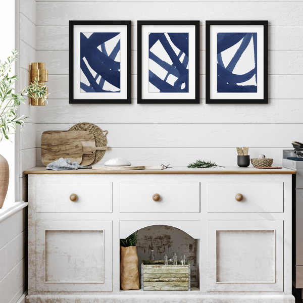 Brayden Studio® Blue Expressions Framed On Wood 3 Pieces Print | Wayfair