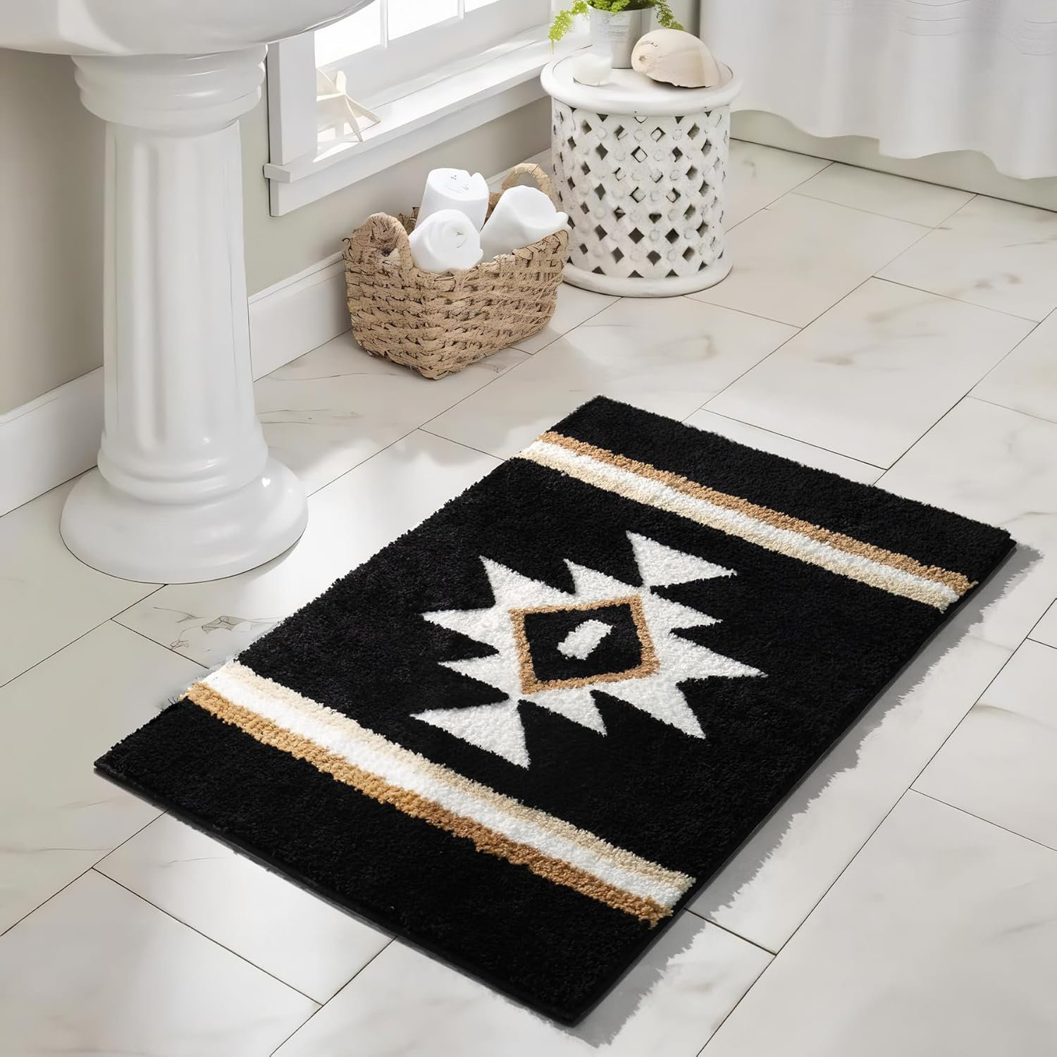 BEFIHO Boho Bathroom Rugs Black Bath Mat Non Slip Soft Absorbent ...