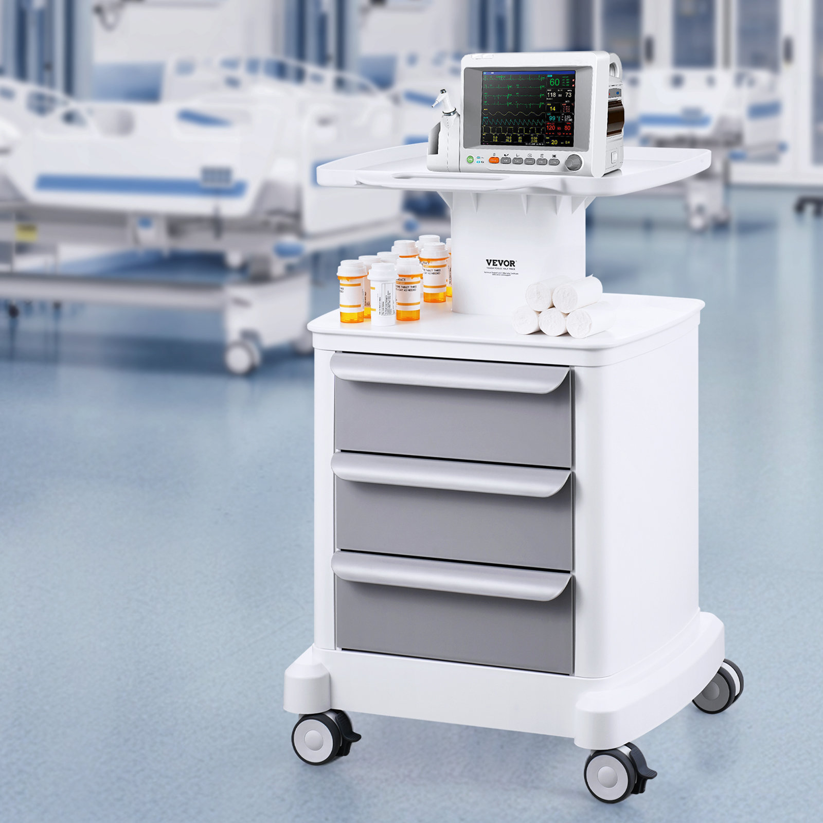 VEVOR 4 Tiers Lab Carts Mobile Medical Cart with 3 Drawers & 1 Top Tray ...