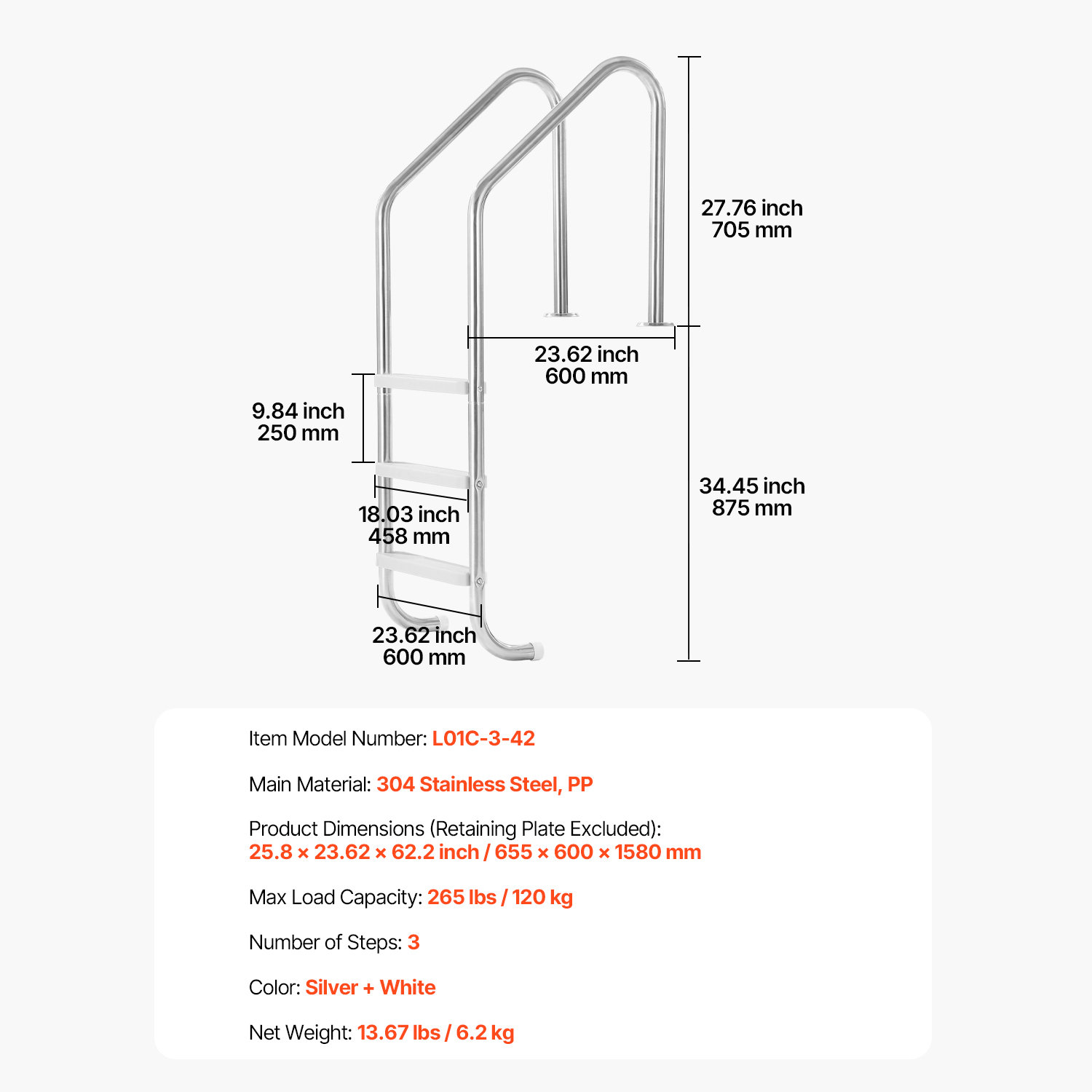 Stellweilan Tessberg 3-Step Stainless Steel Pool Ladder of 2 Handrails ...