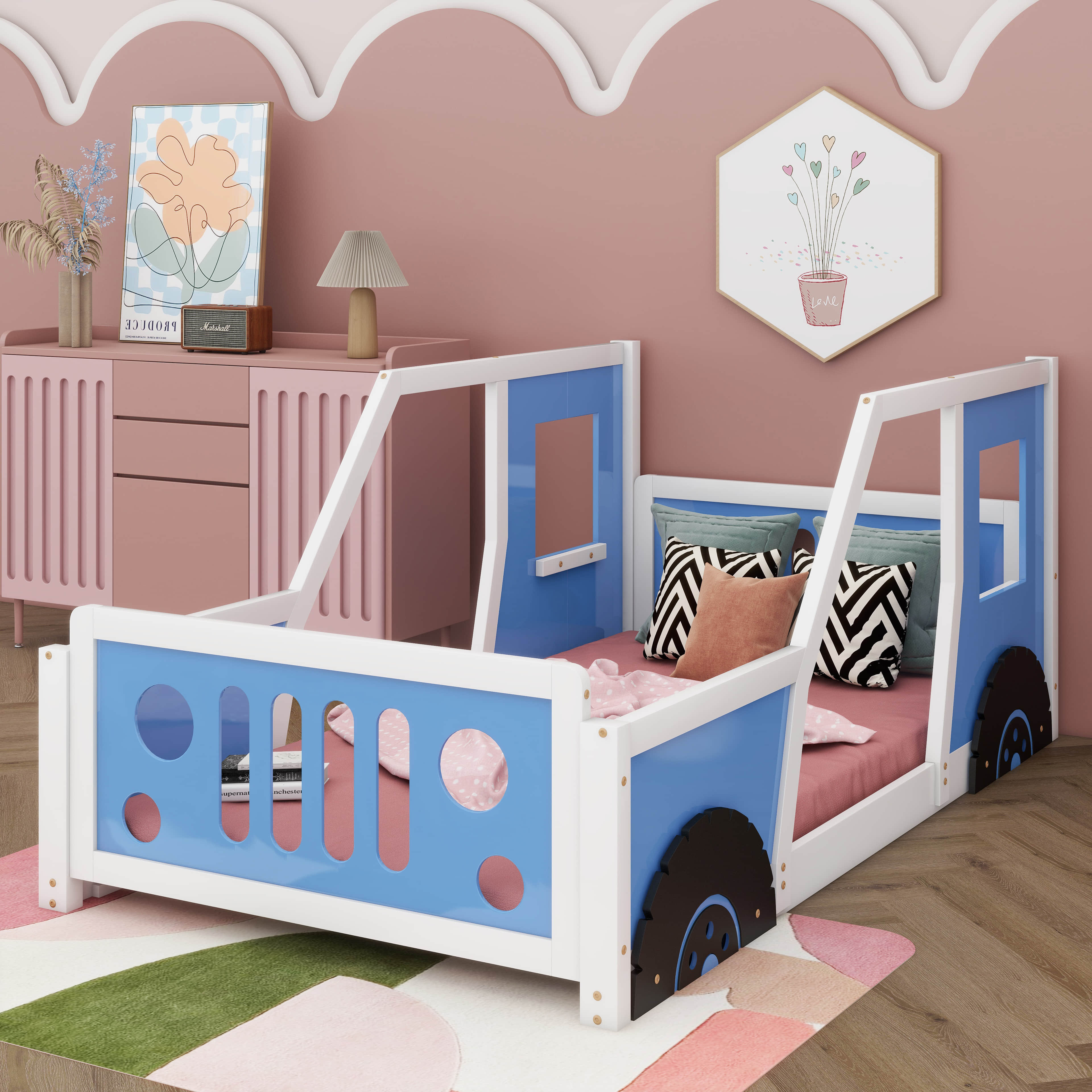 Zoomie Kids Twin Size Platform Bed With Retro Automotive-Inspired ...