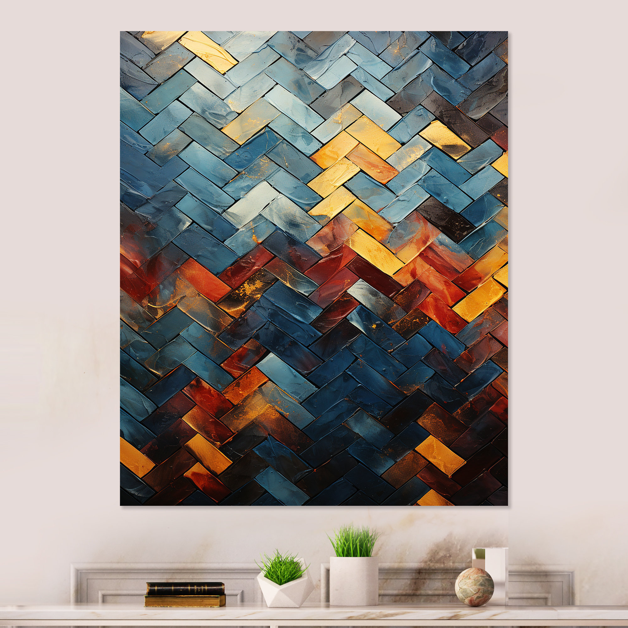 Lark Manor Yellow And Blue Abstract Cubist Tiles - Abstract Tile Metal ...