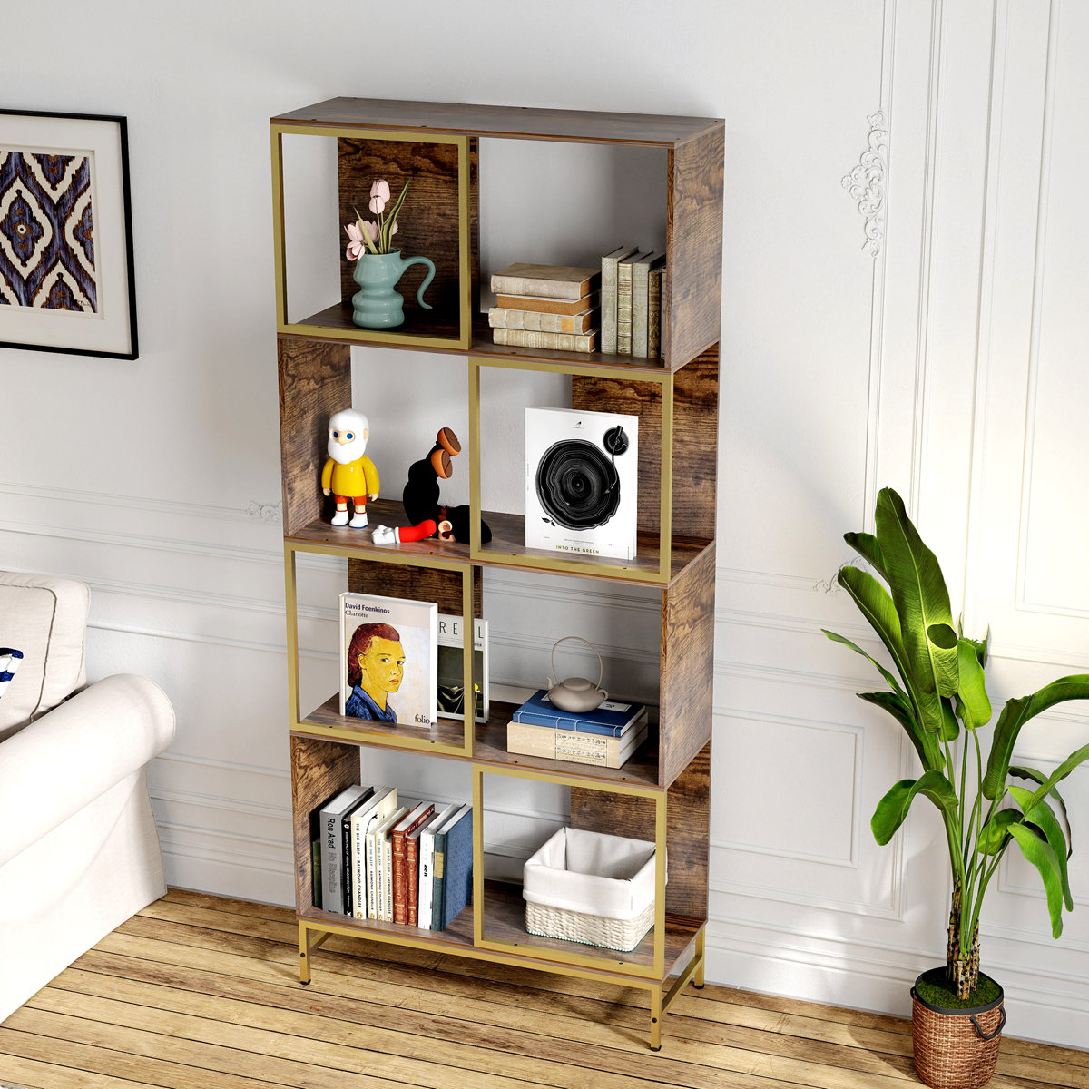 17 Stories 4-Tier Industrial Bookcase, Rustic Wood And Metal Frame ...