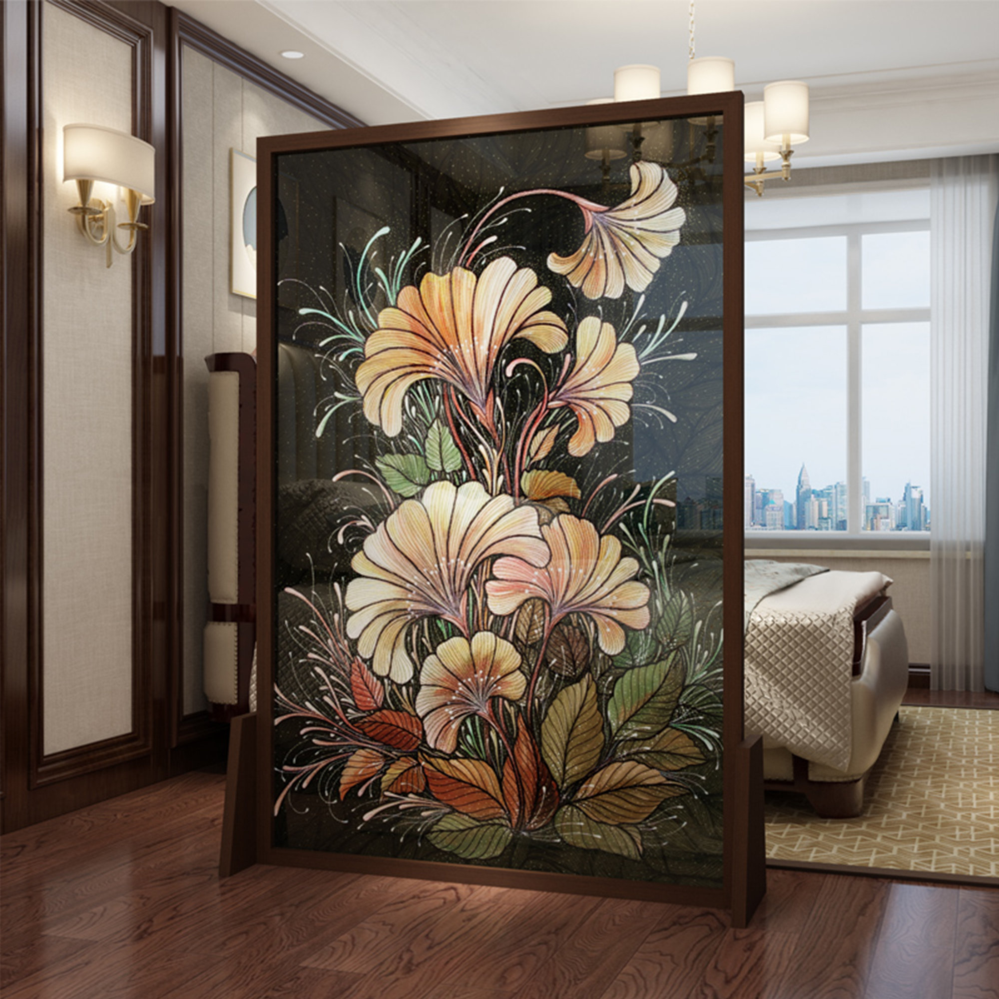Sleek Surface Designs Elegant Abstract Floral Solid Wood Screen | Wayfair