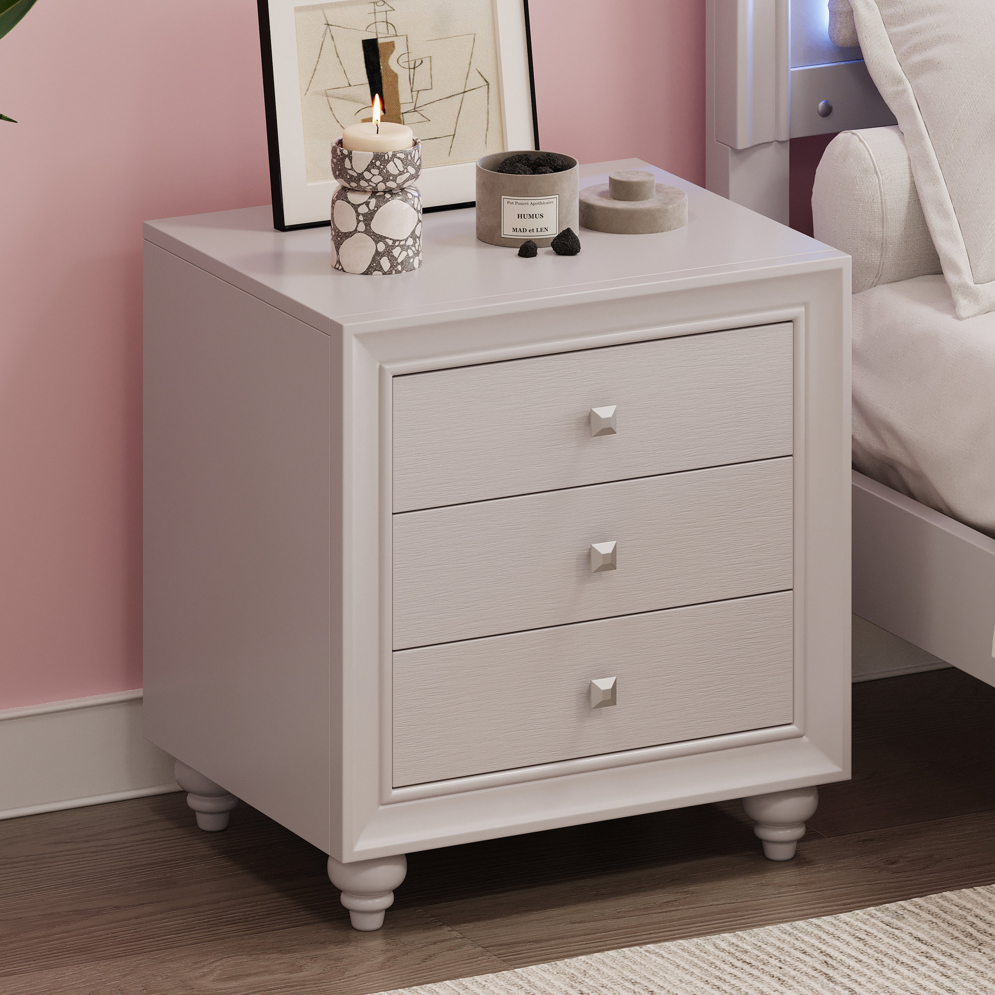 Mercer41 Modern Style Nightstand With 3 Drawers, Bed Side Table, End ...