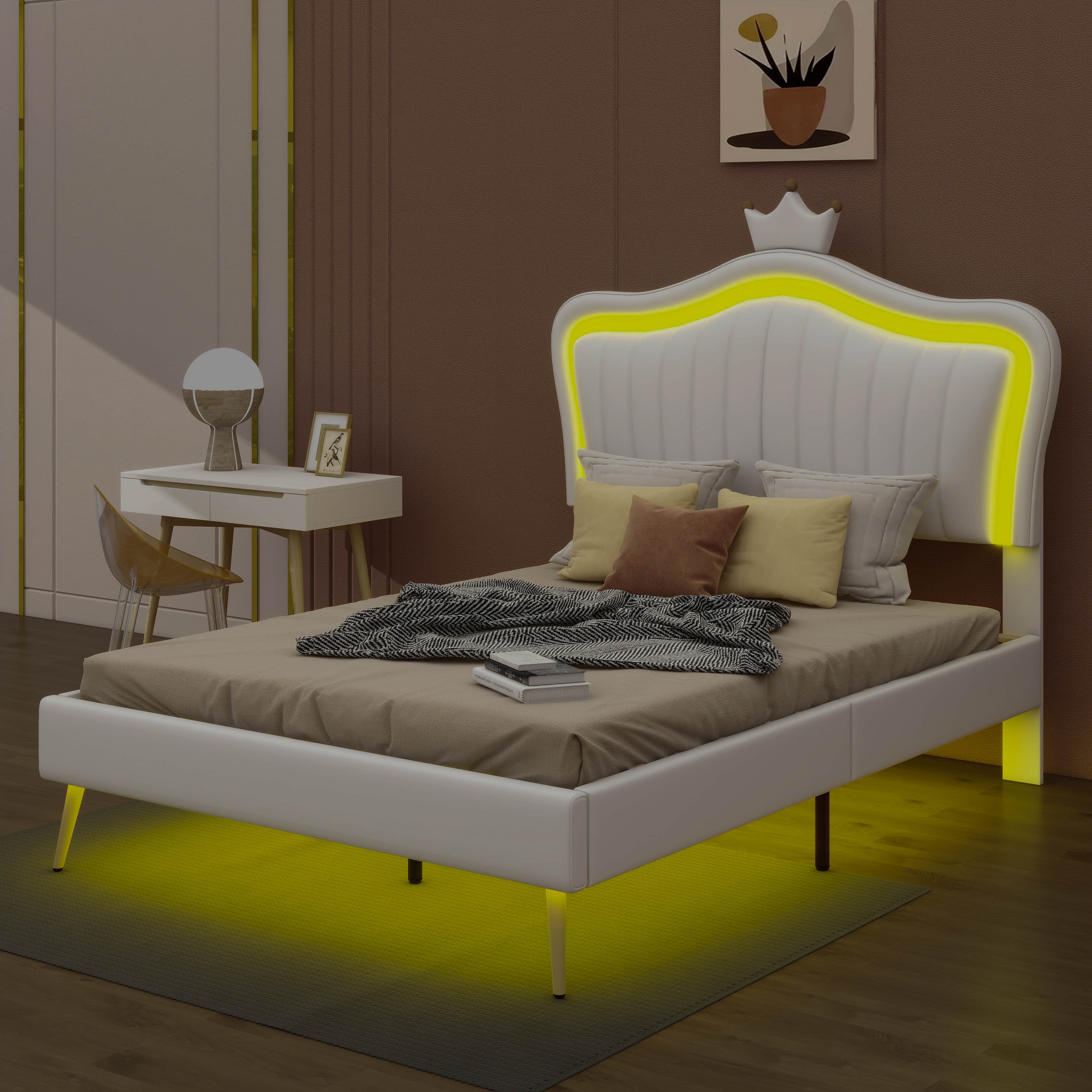 Gemma Violet Modern LED Integrated Upholstered Bed Frame With Regal ...
