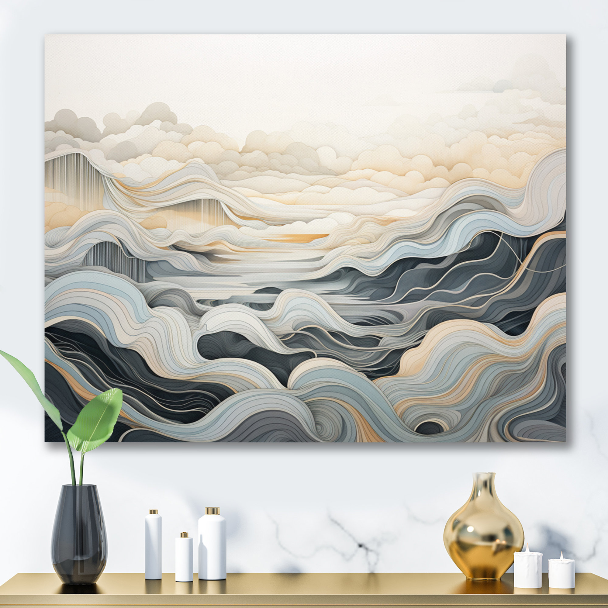 Ivy Bronx Blue Gray Line Art Conceptual Abstract I Framed On Canvas ...