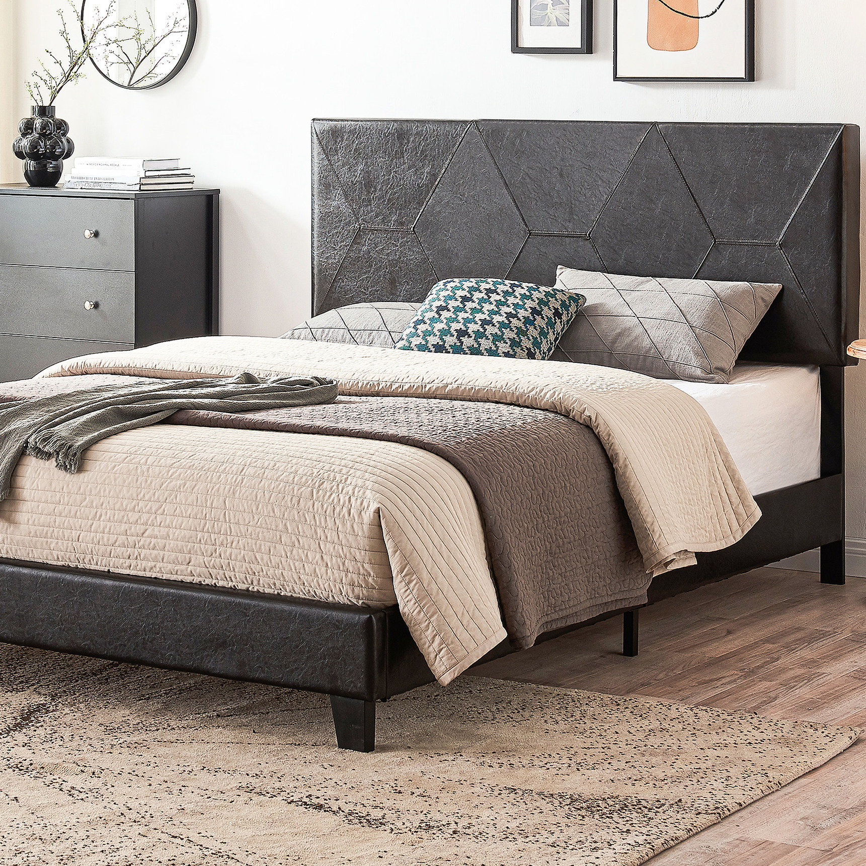 Ebern Designs Queen Size Upholstered Bed - Black Pu, Wood Slat ...