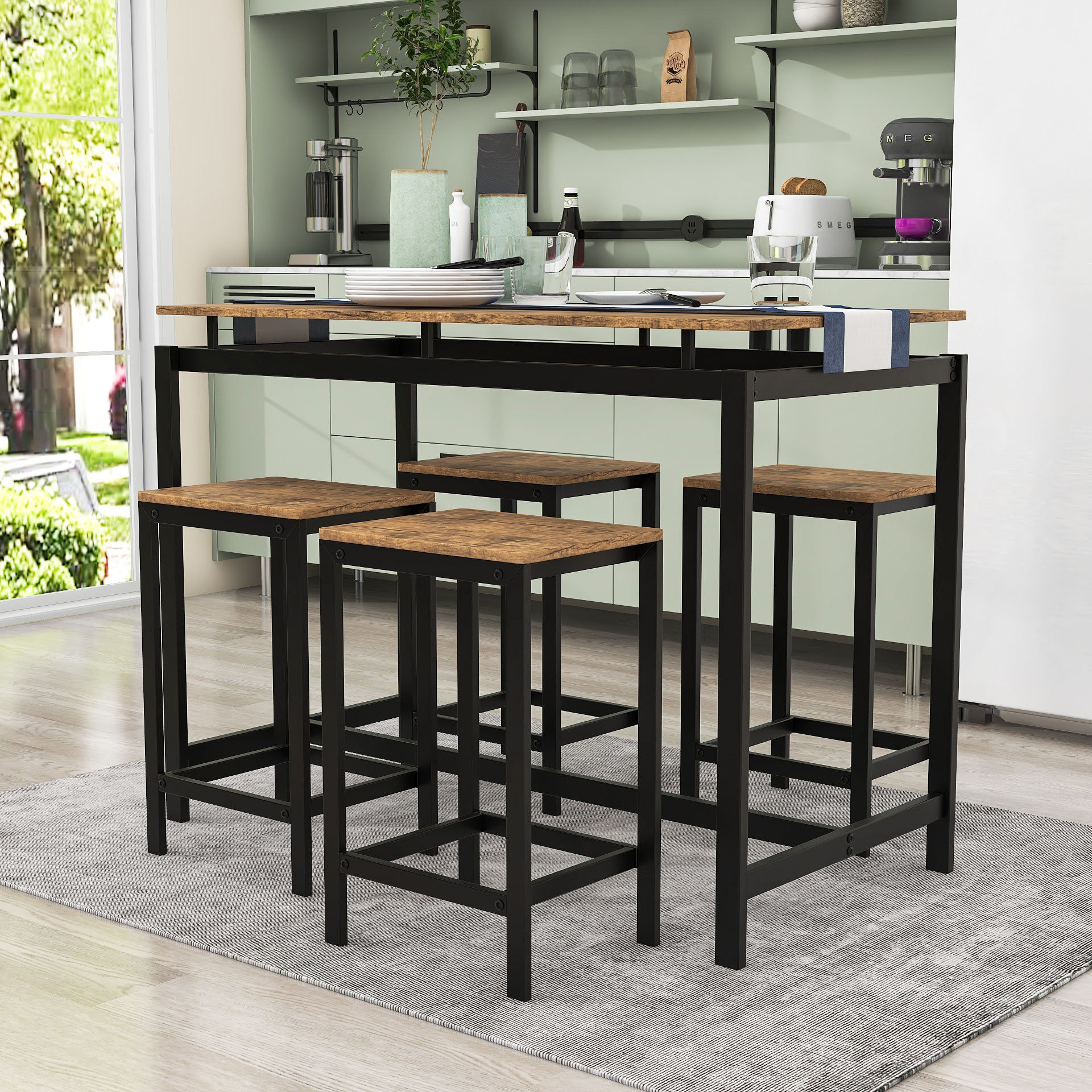 17 Stories Mari 5-Piece Modern Bar Table Set with 4 Stools for Dining ...